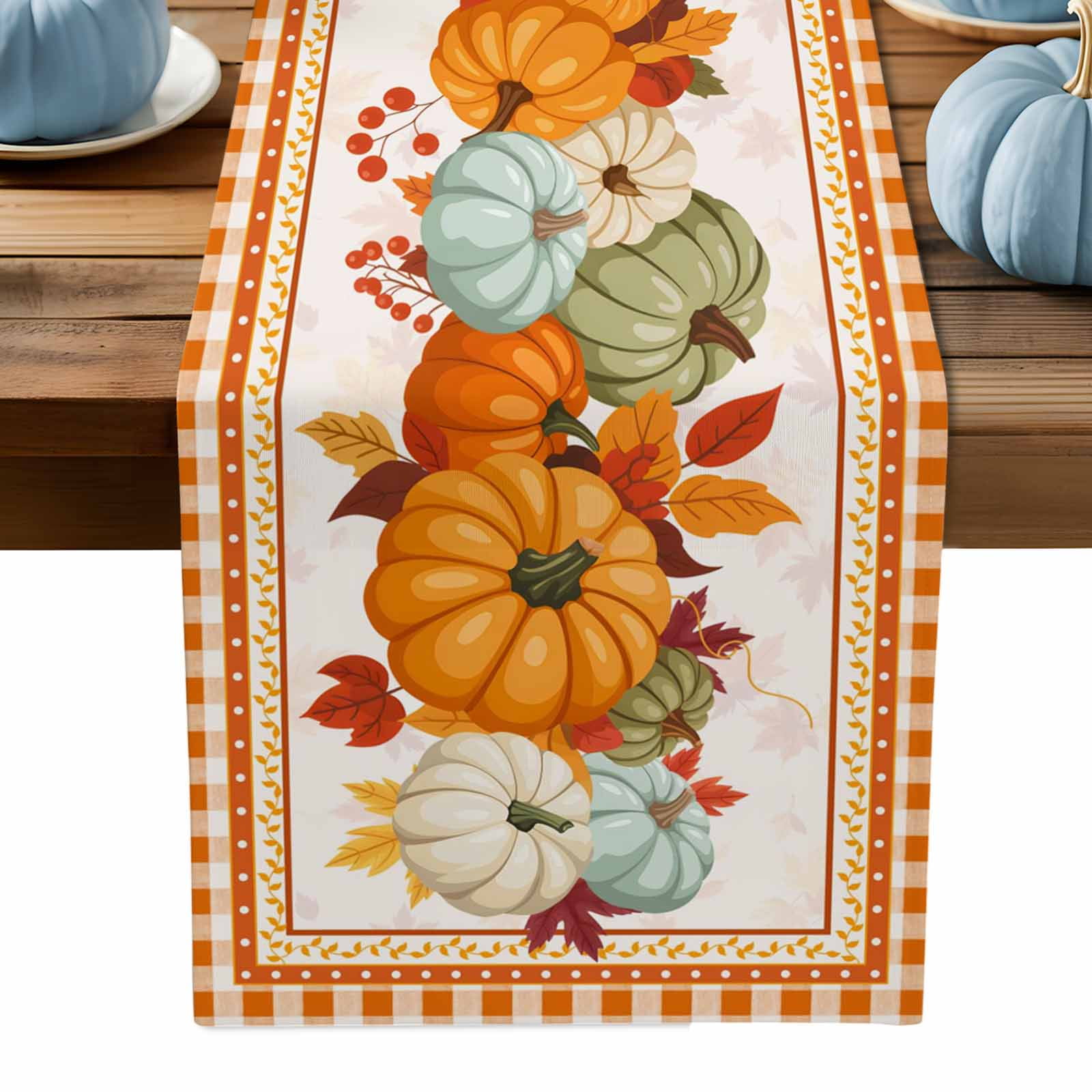 ERUNPONLY Fall Table Runner - 72 Inch Long Orange Blue Pumpkins ...