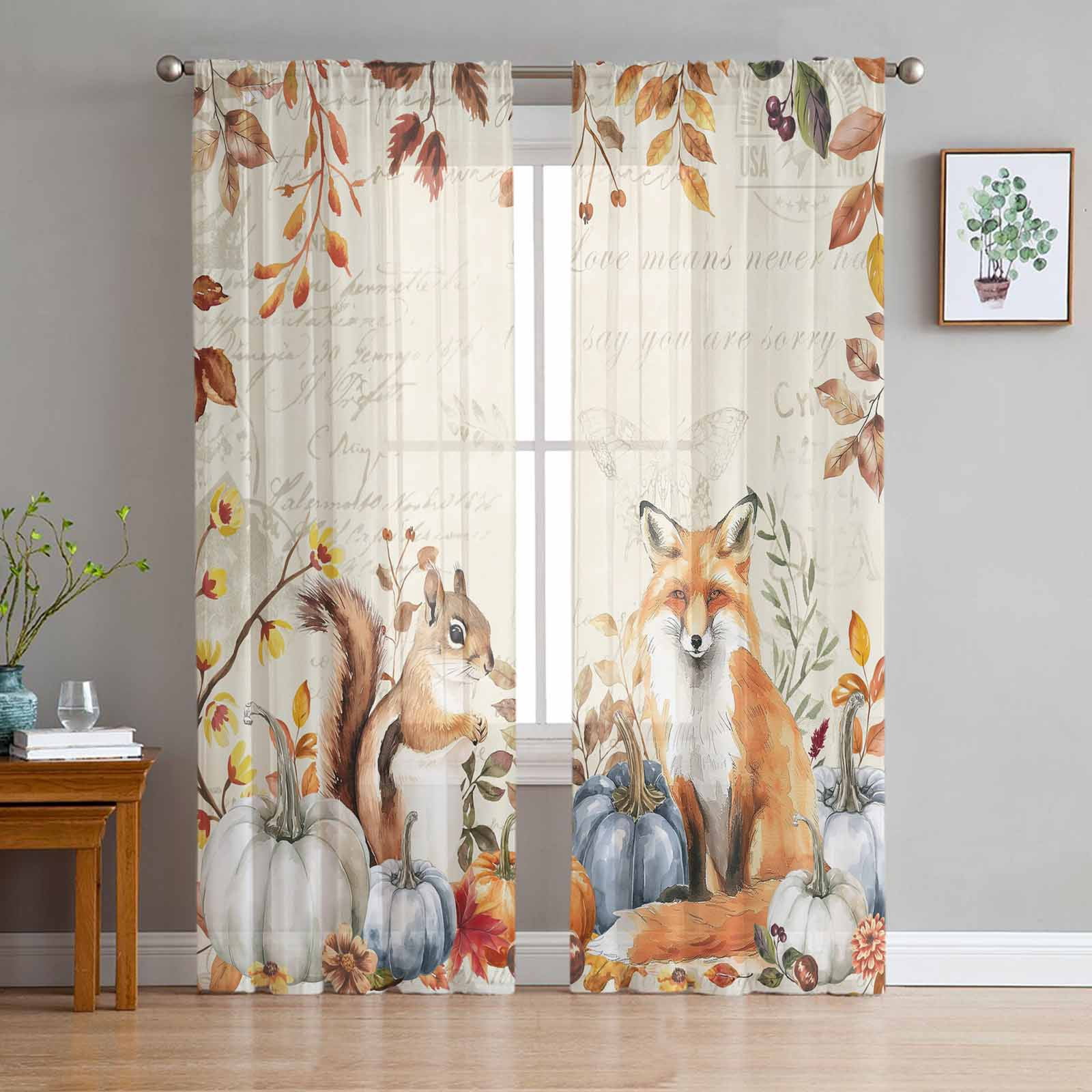 ERUNPONLY Fall Thanksgiving Sheer Curtains 63 Inch Length 2 Panels Set ...
