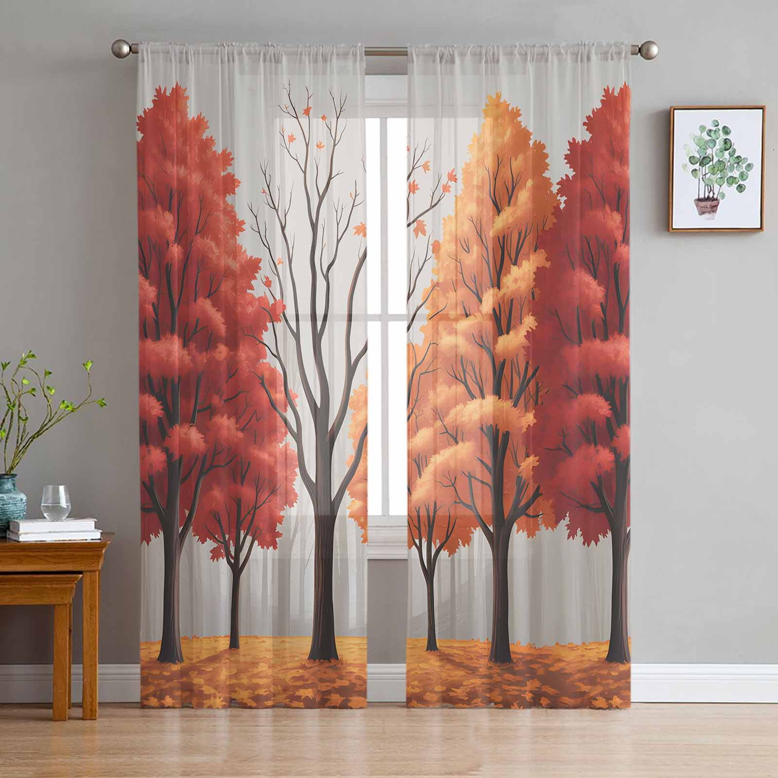 ERUNPONLY Fall Trees Sheer Curtains 72 Inch Length 2 Panels Set, Red ...