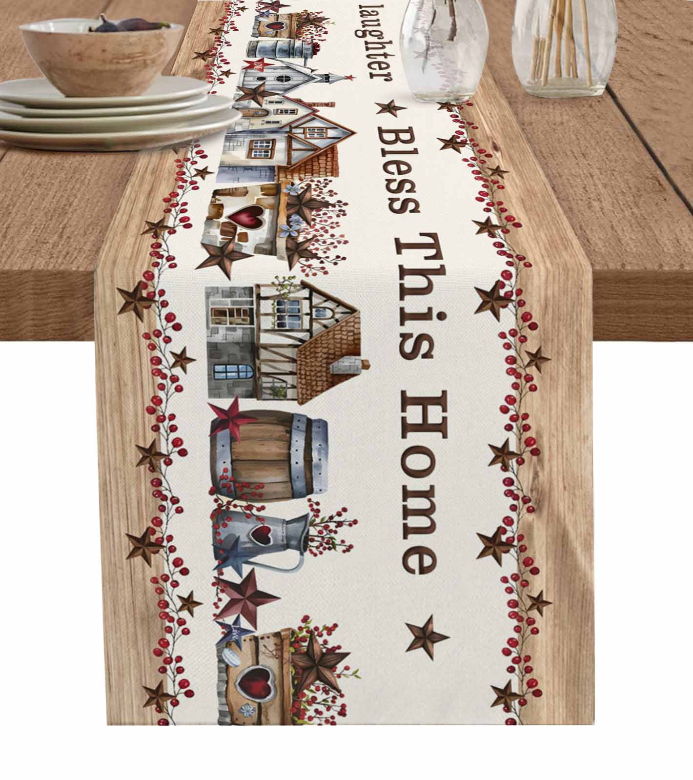 ERUNPONLY Farmhouse Table Runner - 72 Inch Long Country Star Barn Berry ...