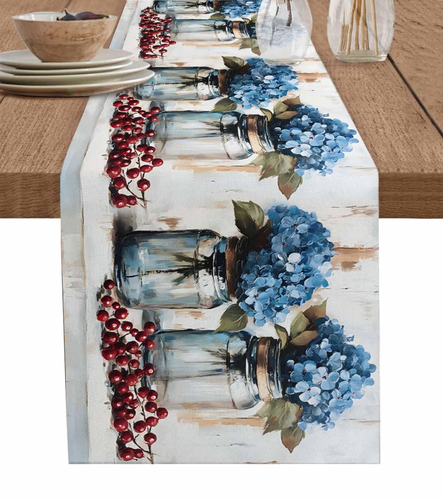 ERUNPONLY Flowers Floral Table Runner - 120 Inch Long Rustic Vintage Hydrangeas Bottle Plant ...