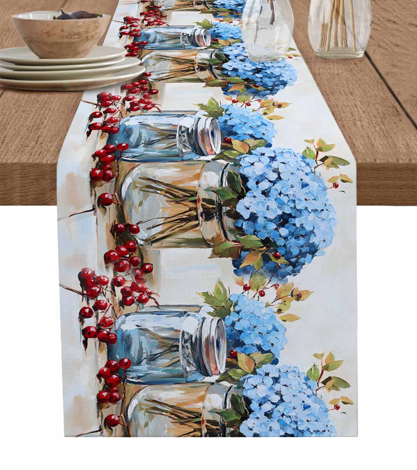 ERUNPONLY Flowers Fruit Table Runner - 108 Inch Long Blue Hydrangeas ...