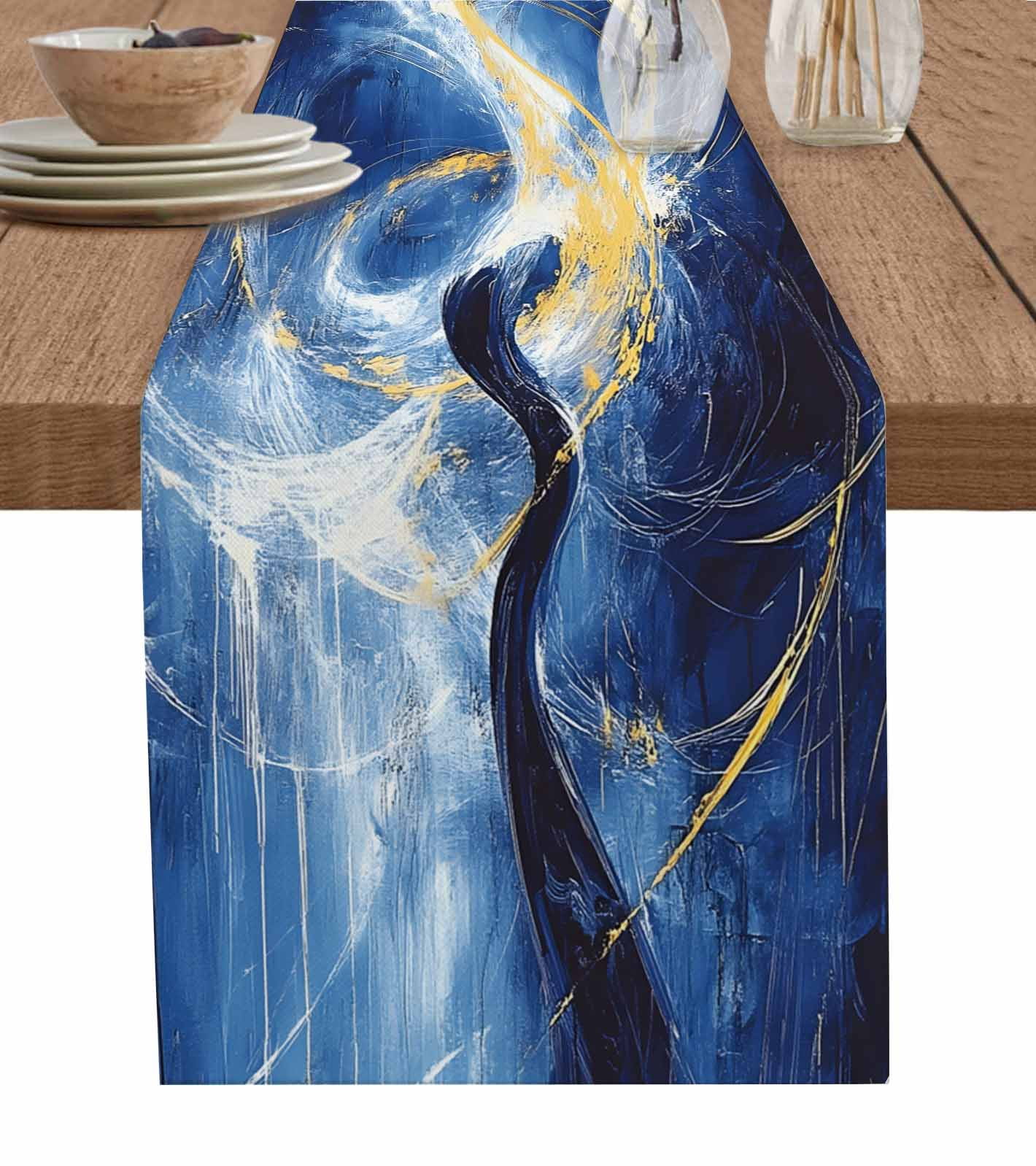ERUNPONLY Gold Blue Sky Table Runner - 120 Inch Long Abstract Vintage ...