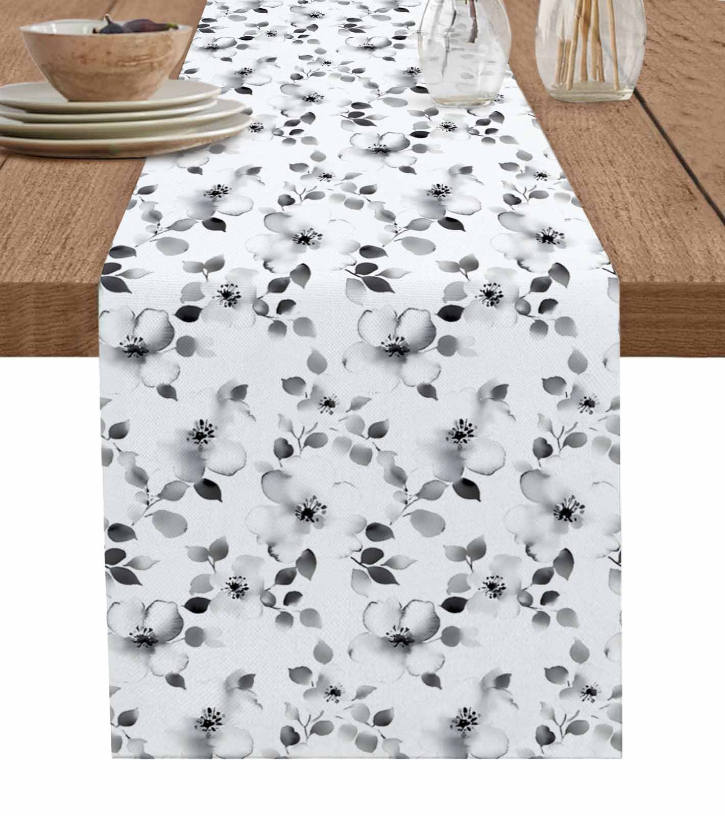 ERUNPONLY Gray Botanical Table Runner - 72 Inch Long Retro Blossom ...