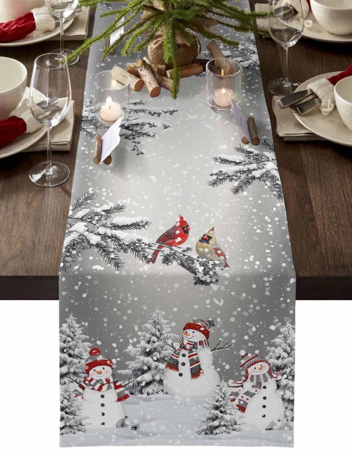 ERUNPONLY Gray Christmas Table Runner - 90 Inch Long Xmas Snowman Birds ...