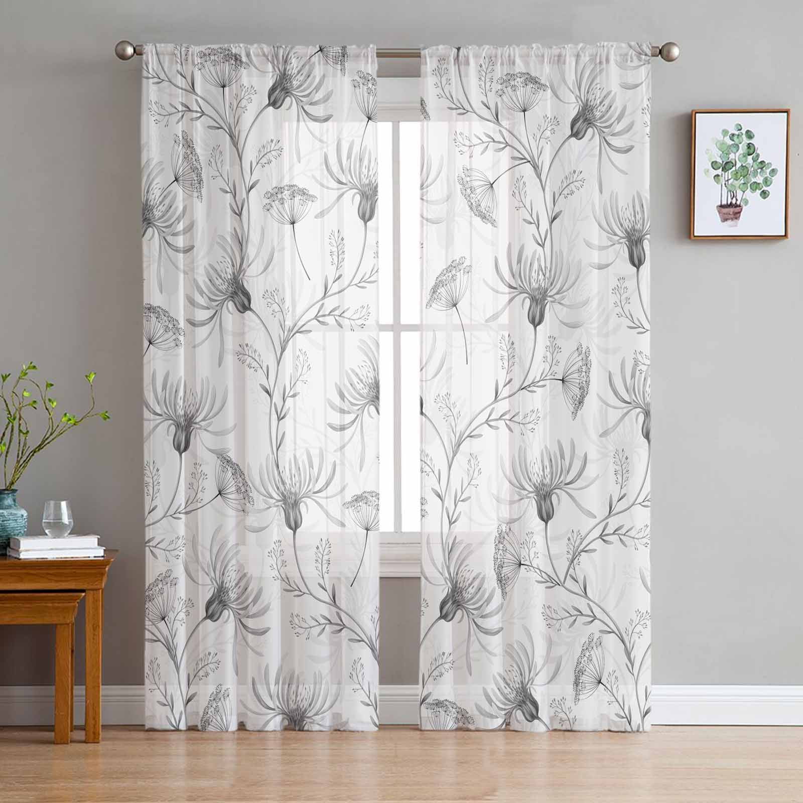 ERUNPONLY Gray Flowers Sheer Curtains 72 Inch Length 2 Panels Set ...
