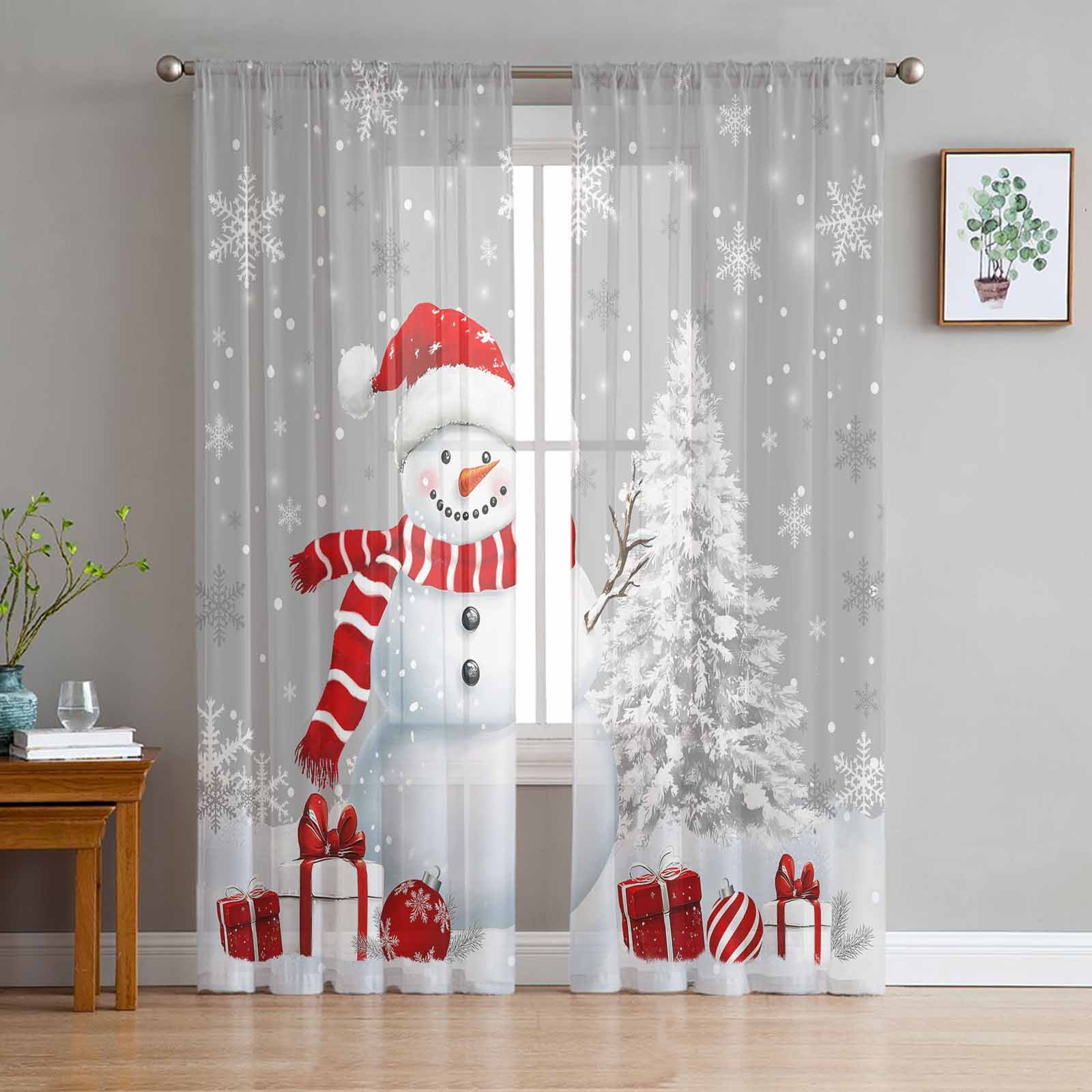 ERUNPONLY Gray Snowman Christmas Sheer Curtains 84 Inch Length 2 Panels ...