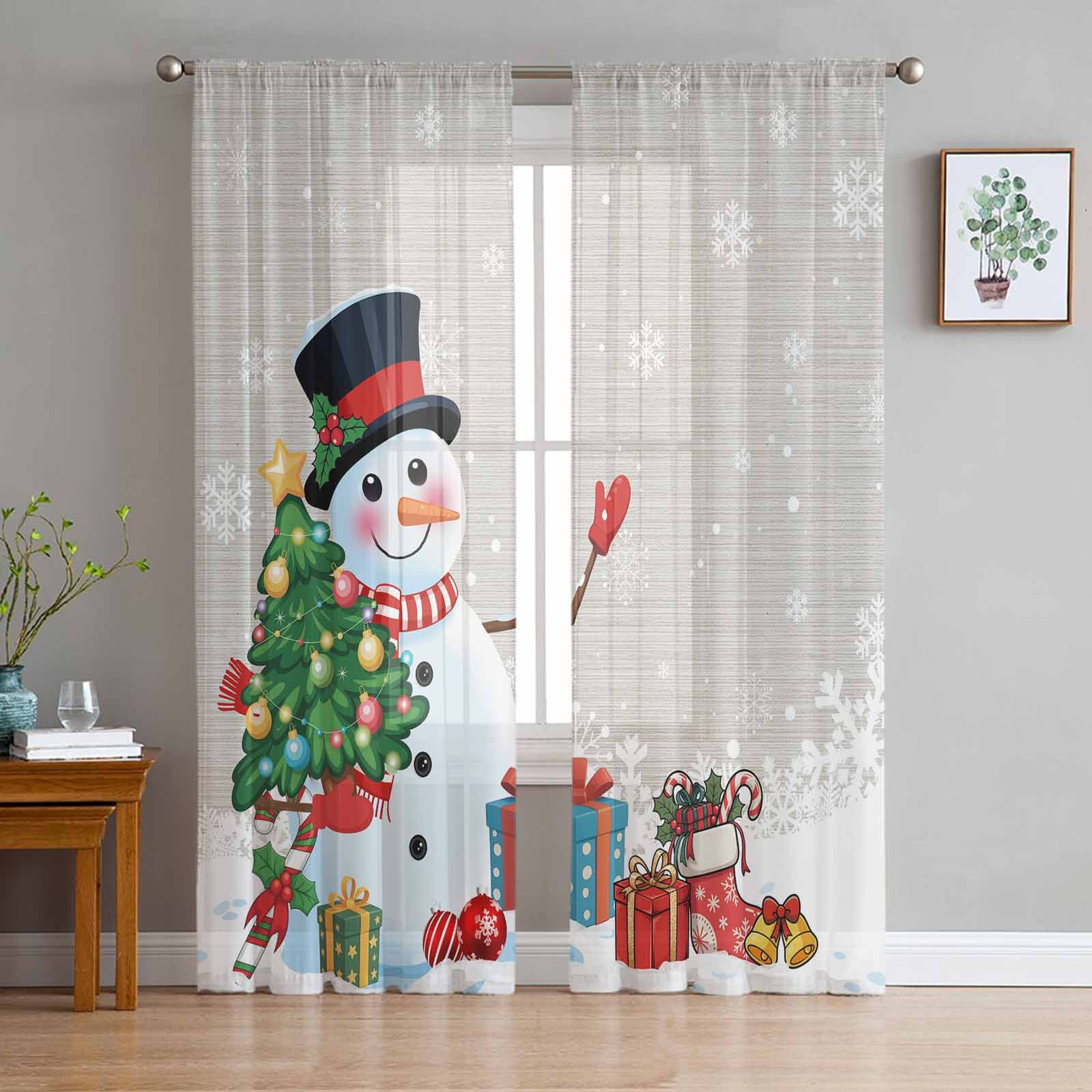 ERUNPONLY Gray Striped Snowman Christmas Sheer Curtains 96 Inch Length ...