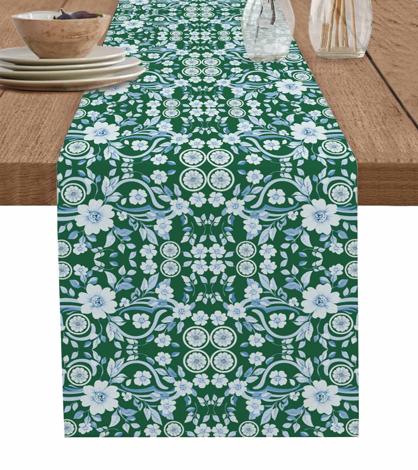 ERUNPONLY Green Blue Floral Table Runner - 90 Inch Long Vintage ...