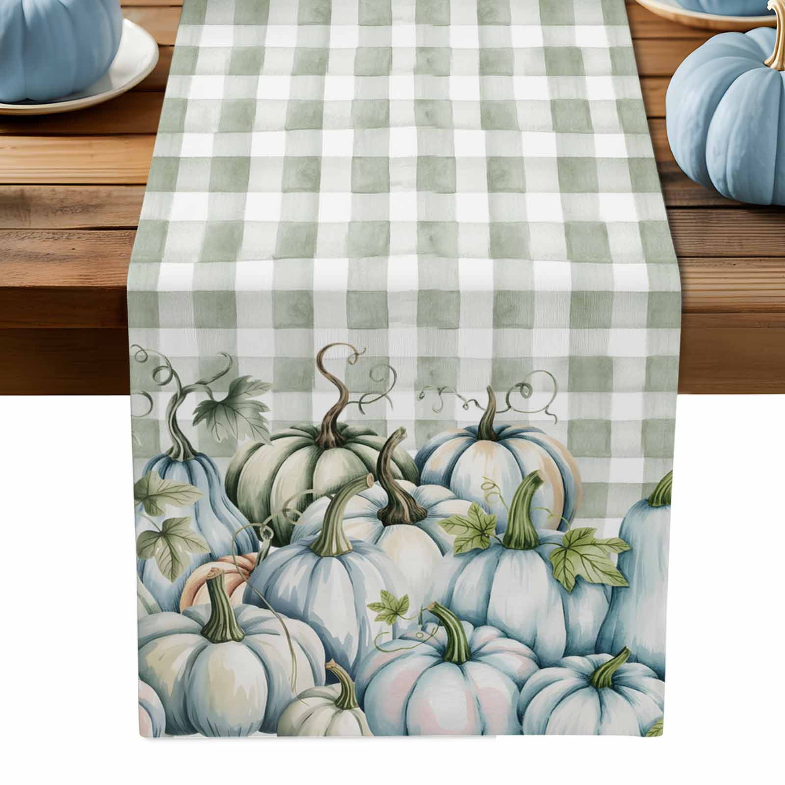 ERUNPONLY Green Blue Pumpkin Fall Table Runner - 108 Inch Long ...