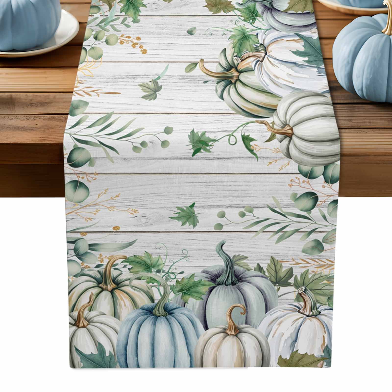 ERUNPONLY Green Blue Pumpkins Fall Table Runner - 72 Inch Long ...