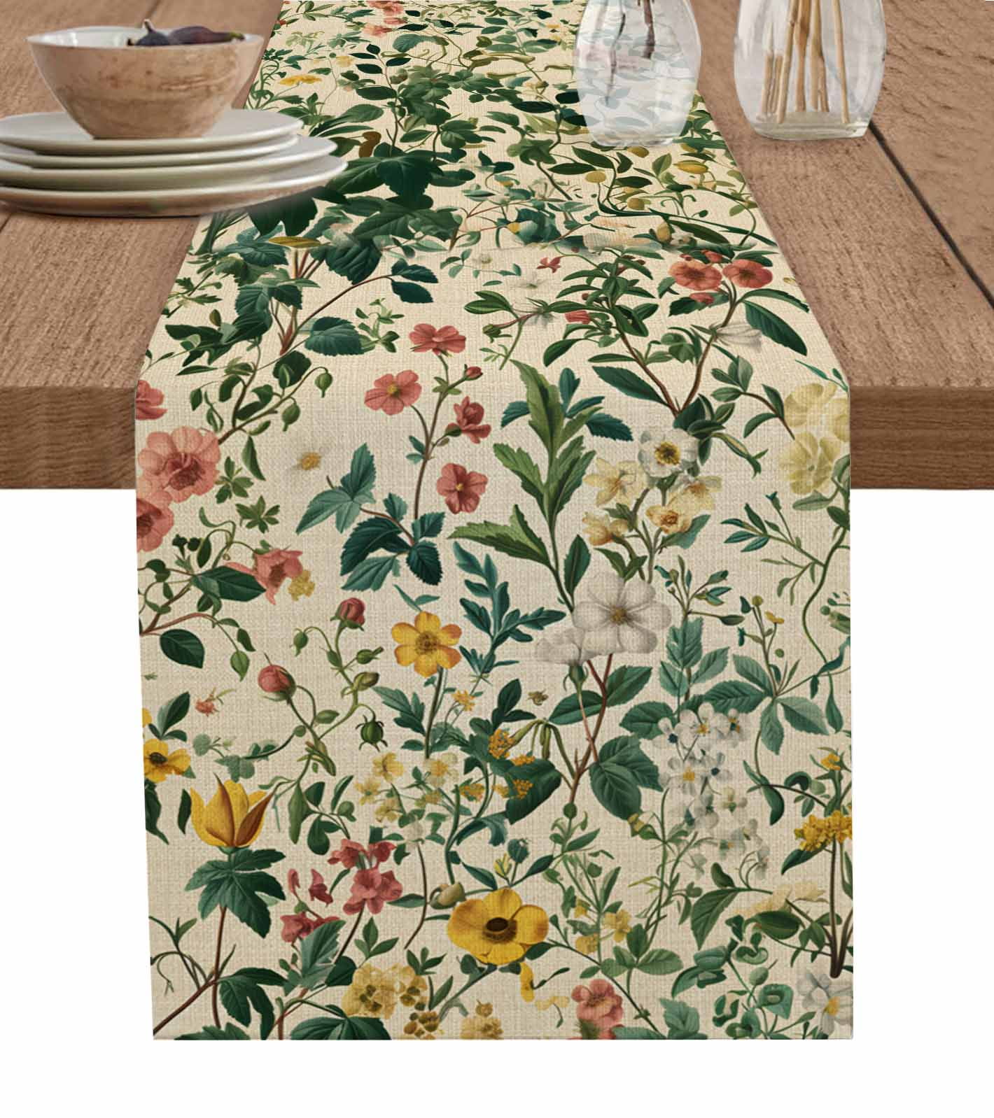 ERUNPONLY Green Botanical Table Runner - 72 Inch Long Vintage Plant ...