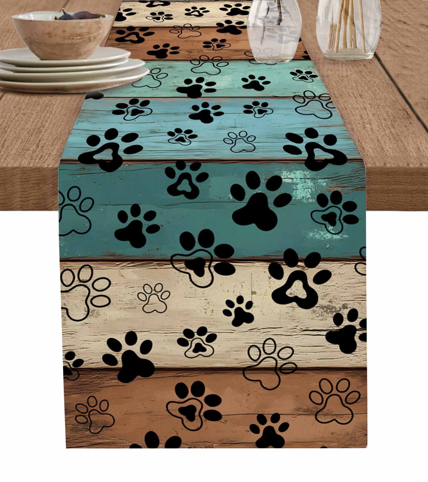 ERUNPONLY Green Brown Paw Print Table Runner - 72 Inch Long Vintage ...