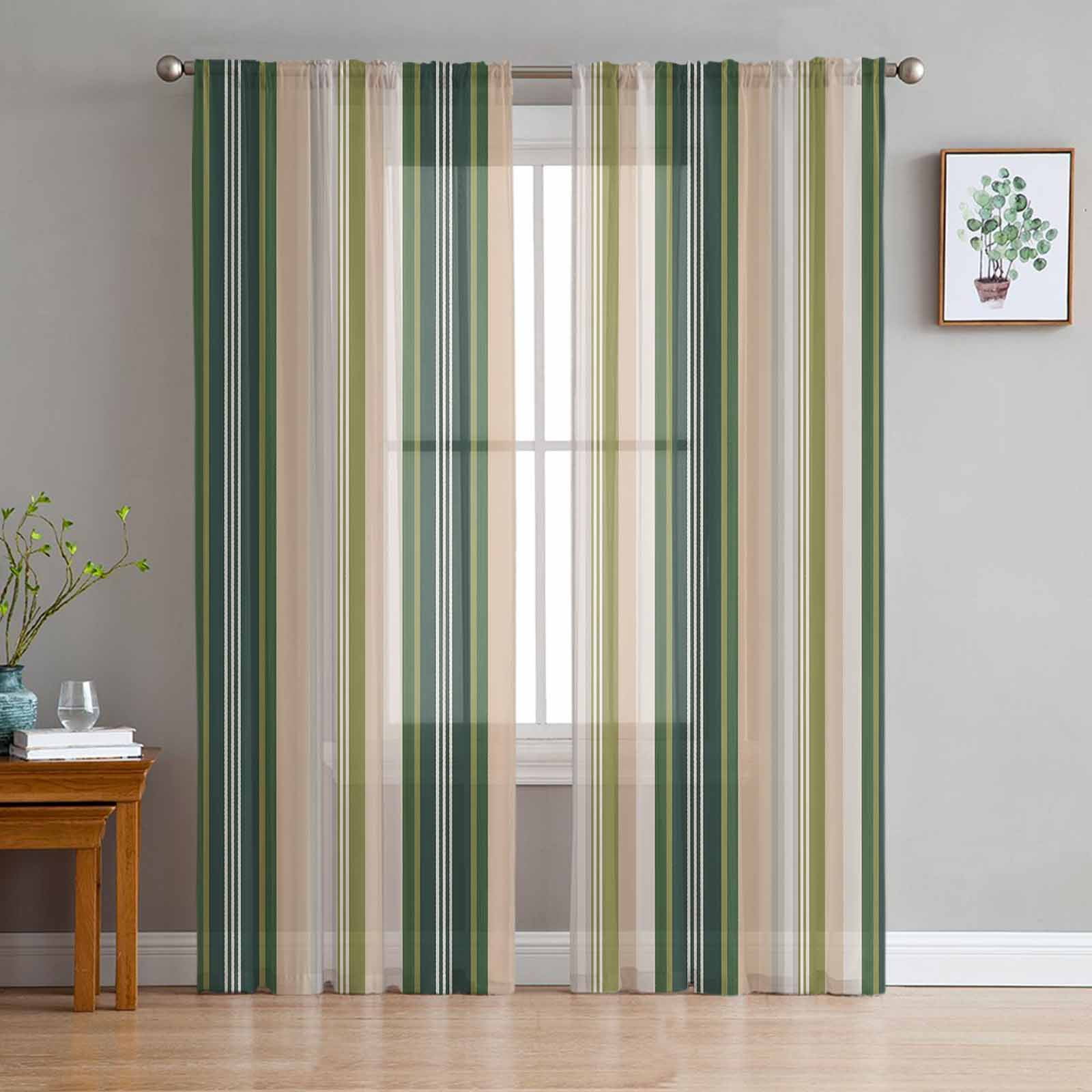 ERUNPONLY Green Brown Striped Sheer Curtains 63 Inch Length 2 Panels ...