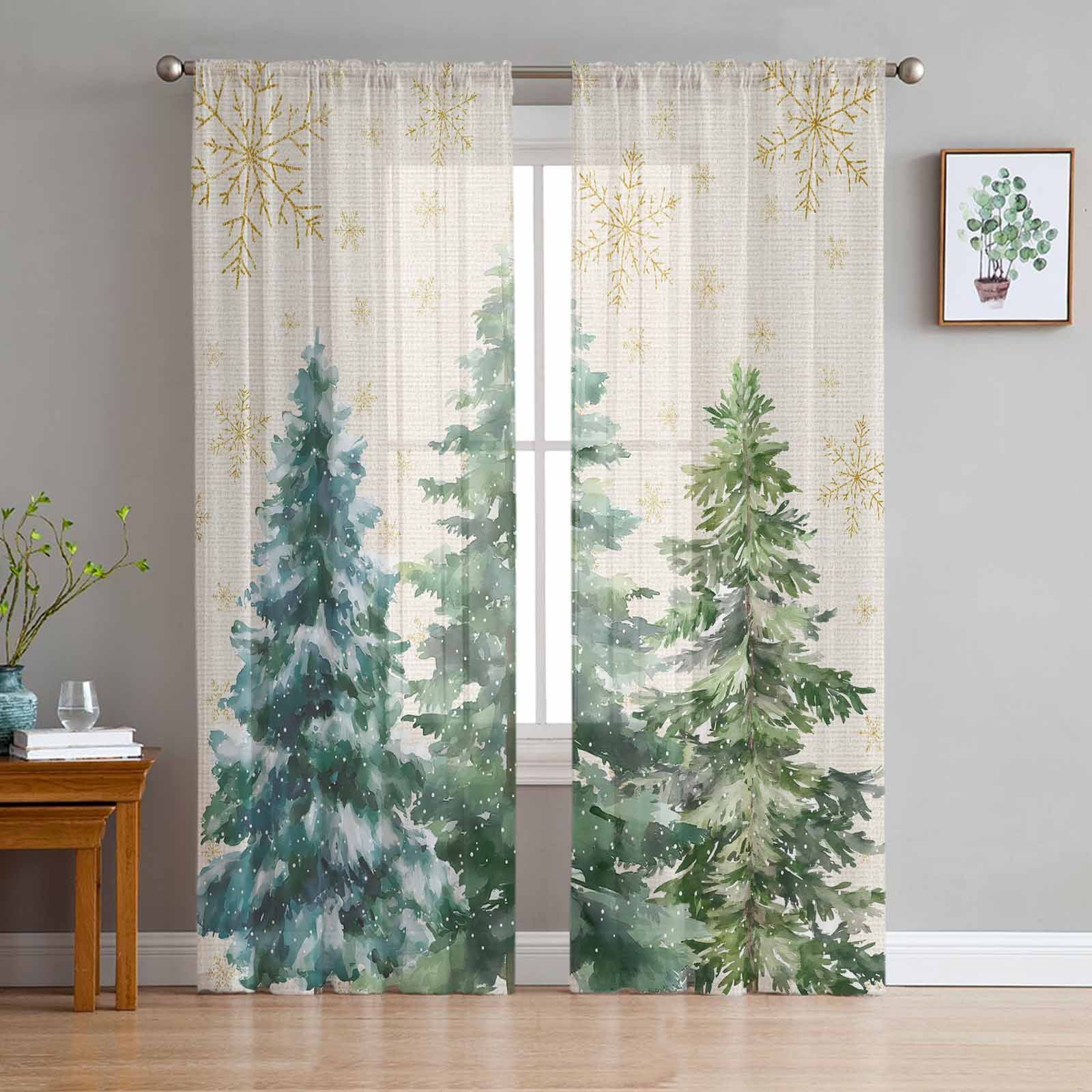 ERUNPONLY Green Christmas Tree Sheer Curtains 63 Inch Length 2 Panels ...