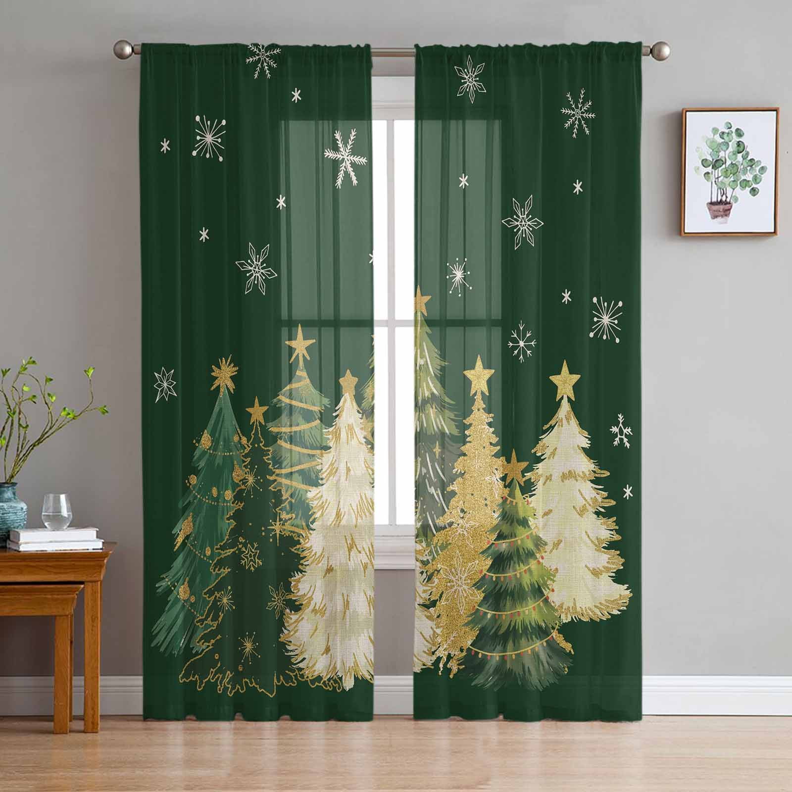 ERUNPONLY Green Christmas Tree Sheer Curtains 84 Inch Length 2 Panels ...