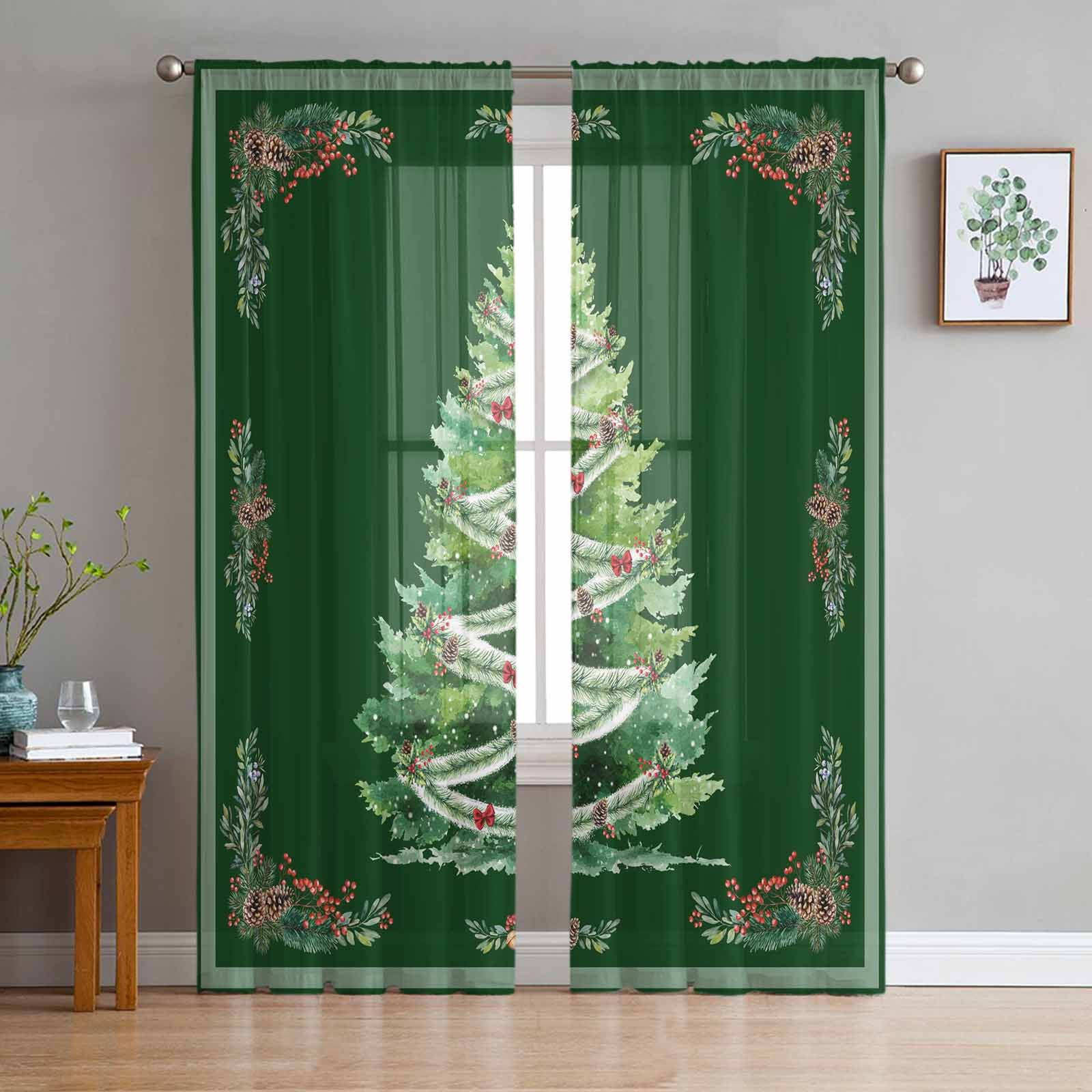 ERUNPONLY Green Christmas Tree Sheer Curtains 96 Inch Length 2 Panels ...