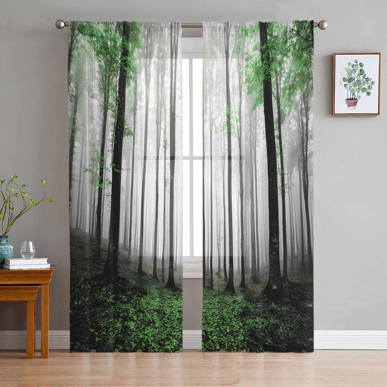 ERUNPONLY Green Forest Sheer Curtains 84 Inch Length 2 Panels Set ...