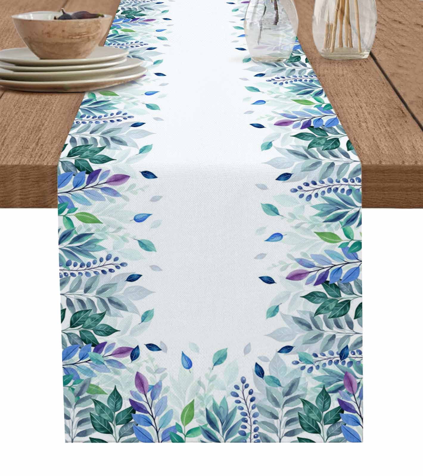 ERUNPONLY Green Leaf Table Runner - 72 Inch Long Country Blue Purple ...