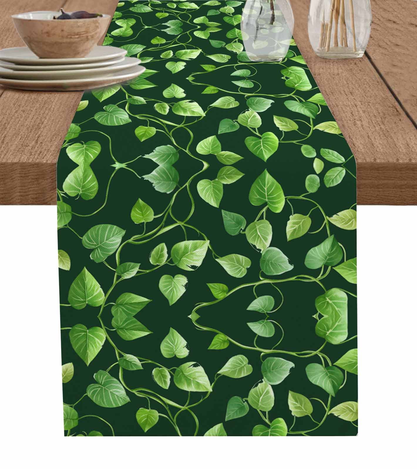 ERUNPONLY Green Leaves Table Runner - 60 Inch Long Retro Botanical ...