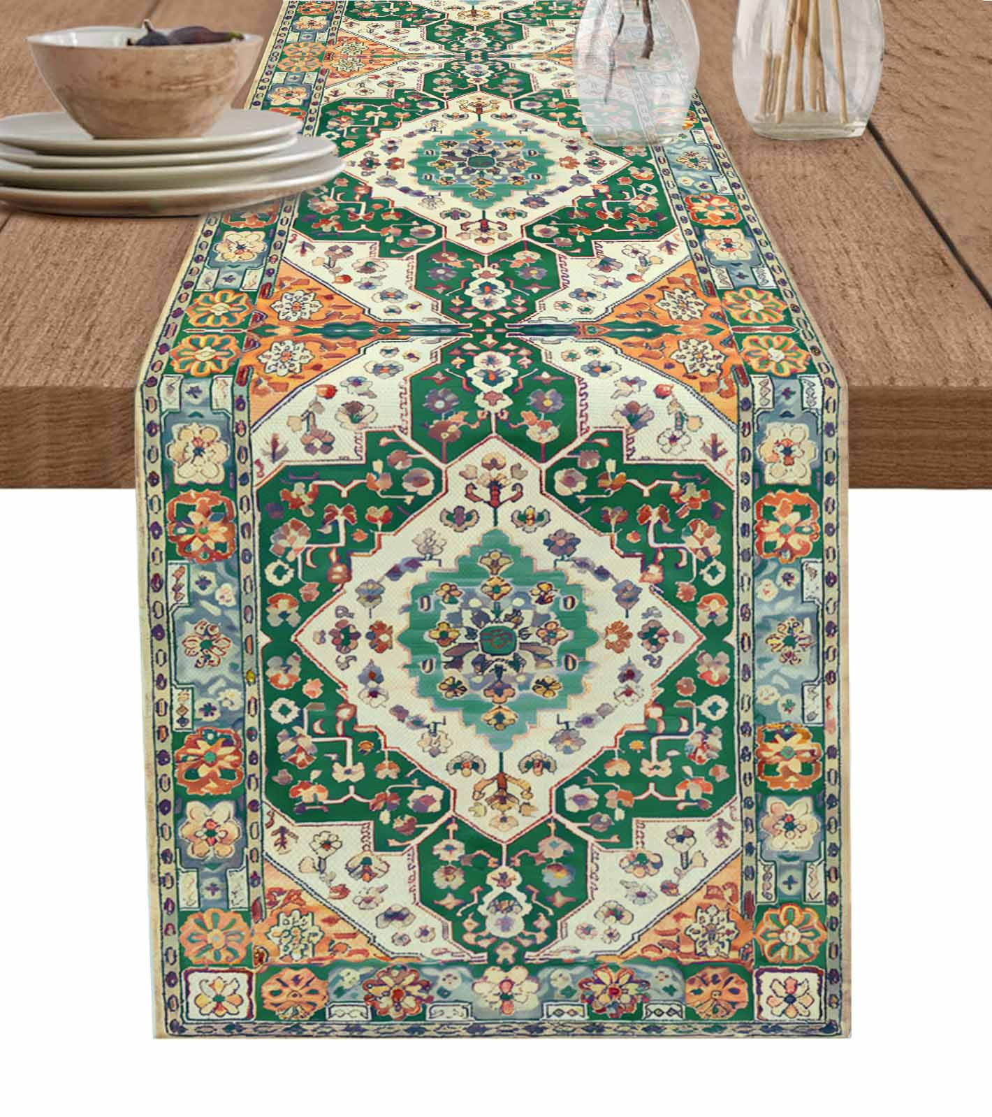 ERUNPONLY Green Orange Beige Boho Table Runner - 72 Inch Long Retro ...