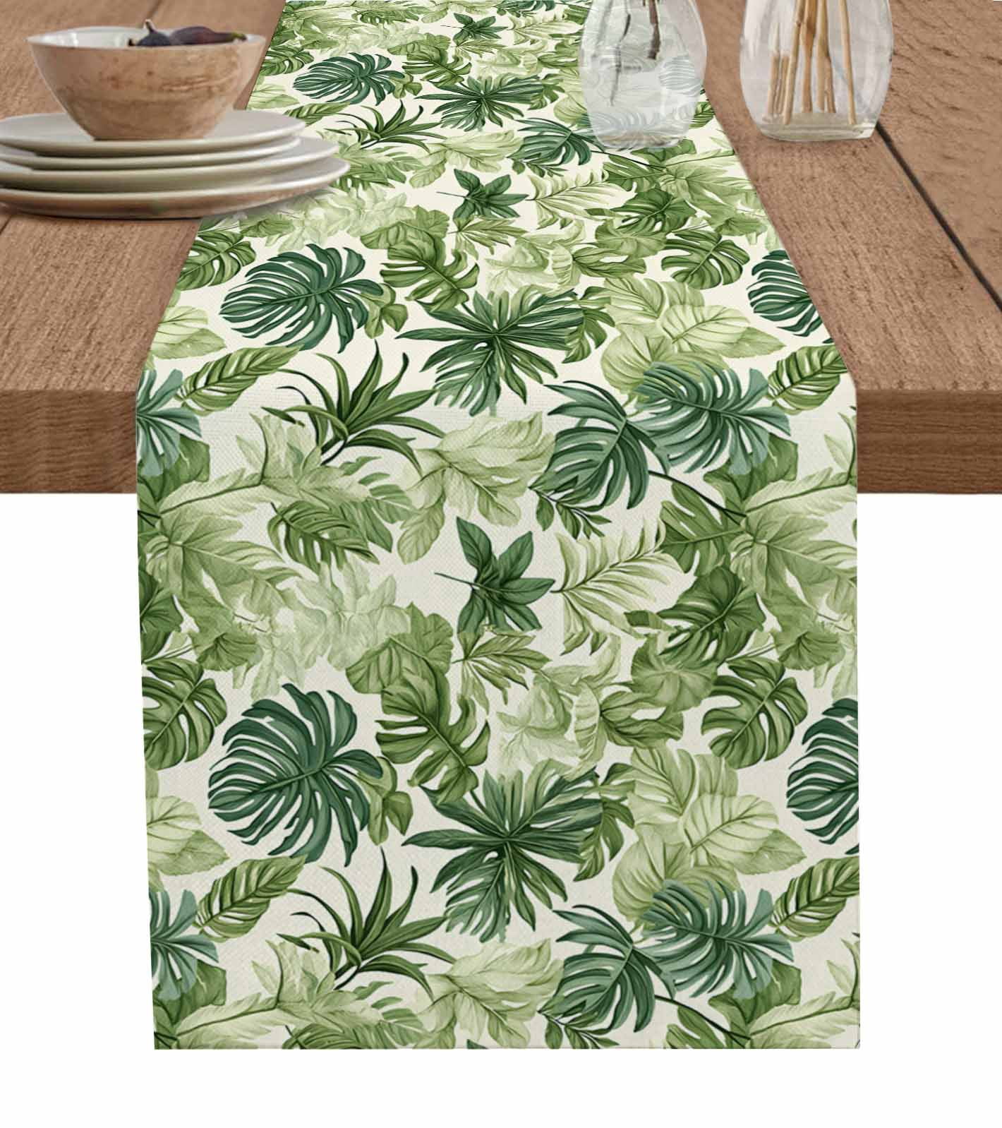 ERUNPONLY Green Palm Leaf Table Runner - 90 Inch Long Summer Botanical ...