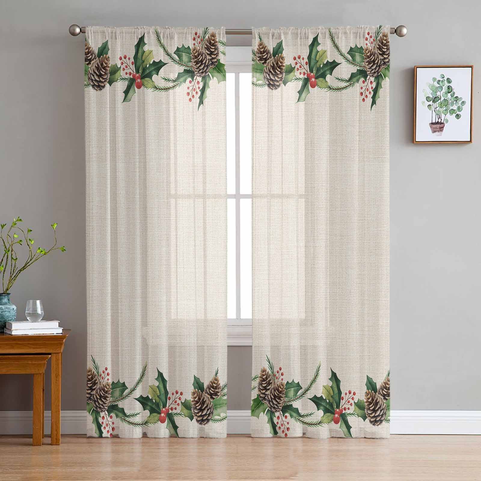ERUNPONLY Green Pine Cone Sheer Curtains 63 Inch Length 2 Panels Set ...