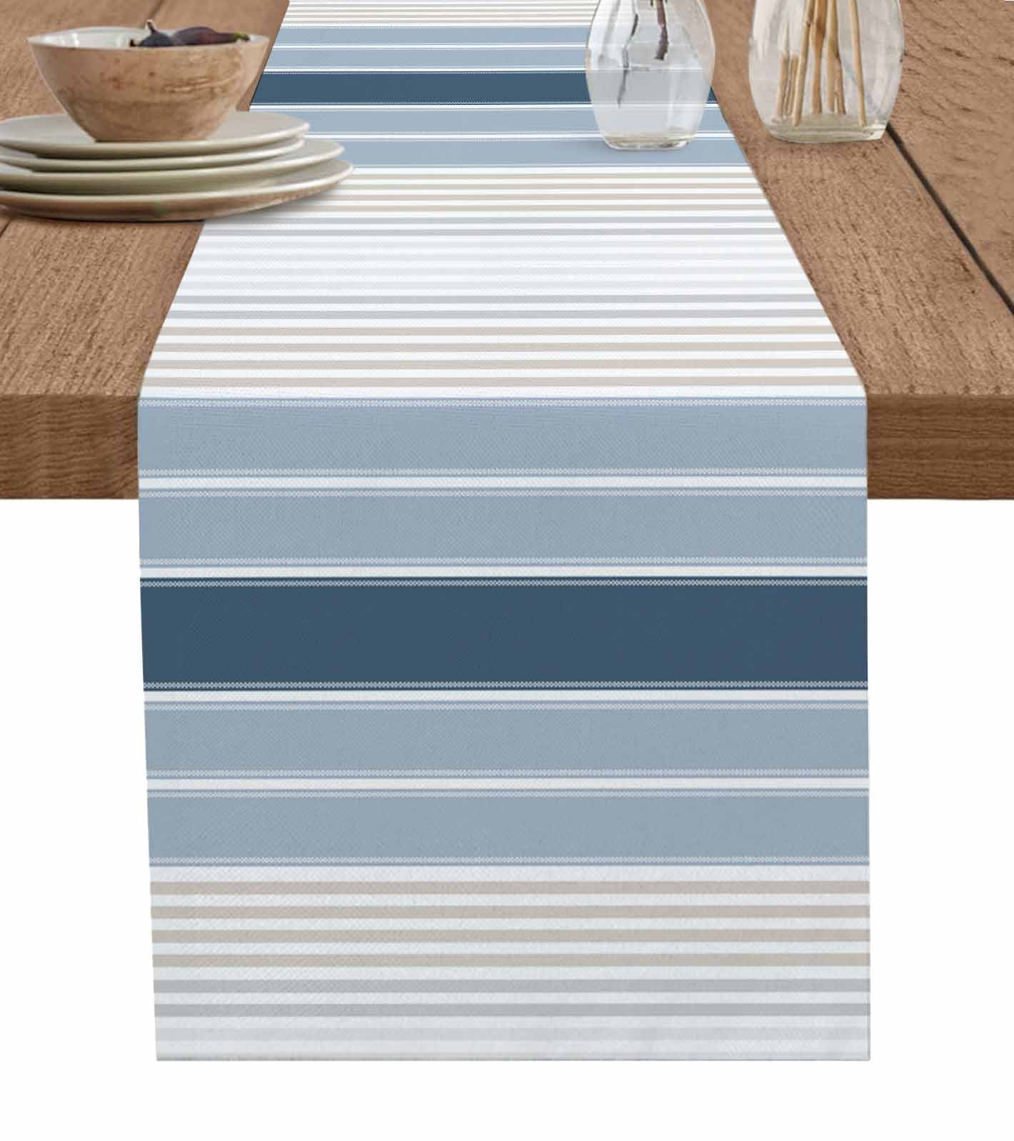 ERUNPONLY Grey Blue Vertical Stripes Table Runner - 48 Inch Long Modern ...
