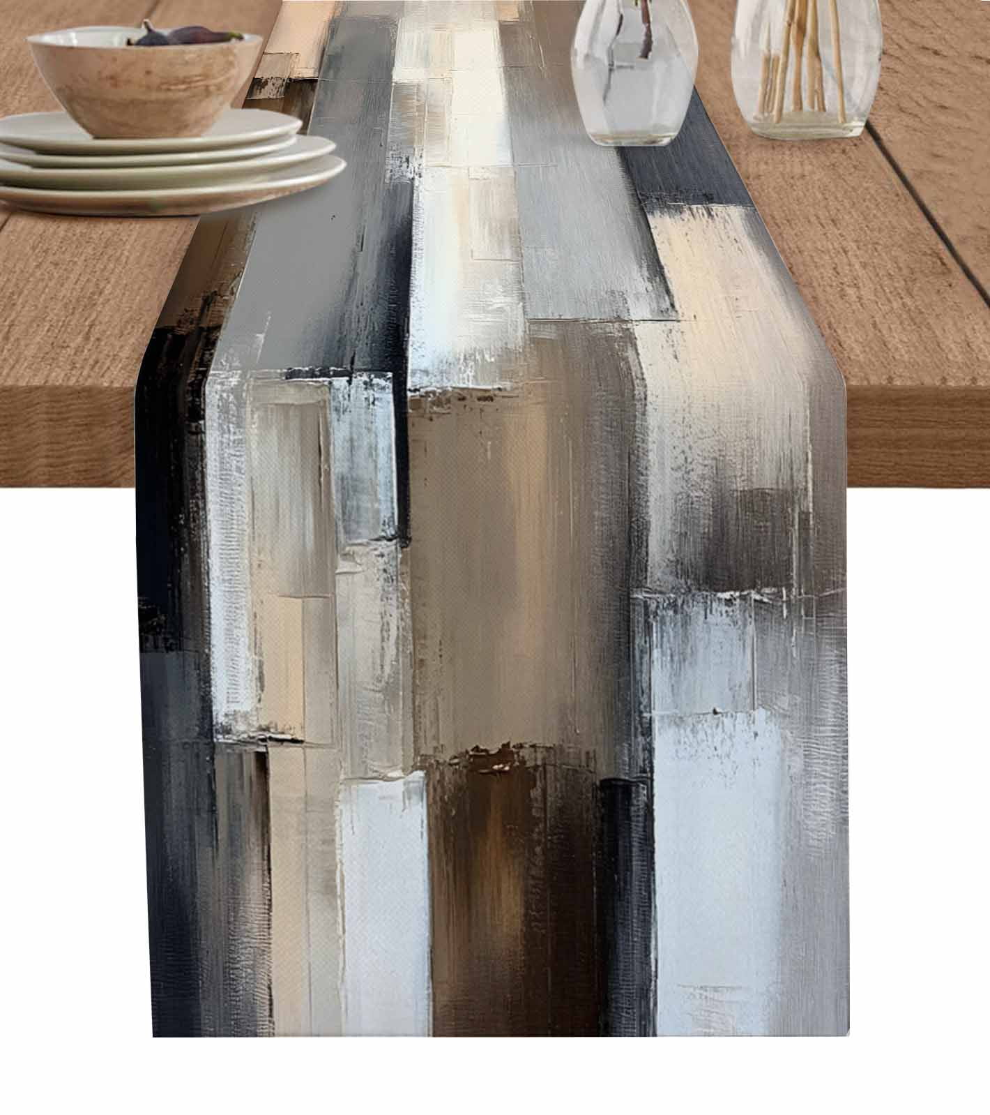 ERUNPONLY Grey Brown Abstract Table Runner - 108 Inch Long Oil Painting ...