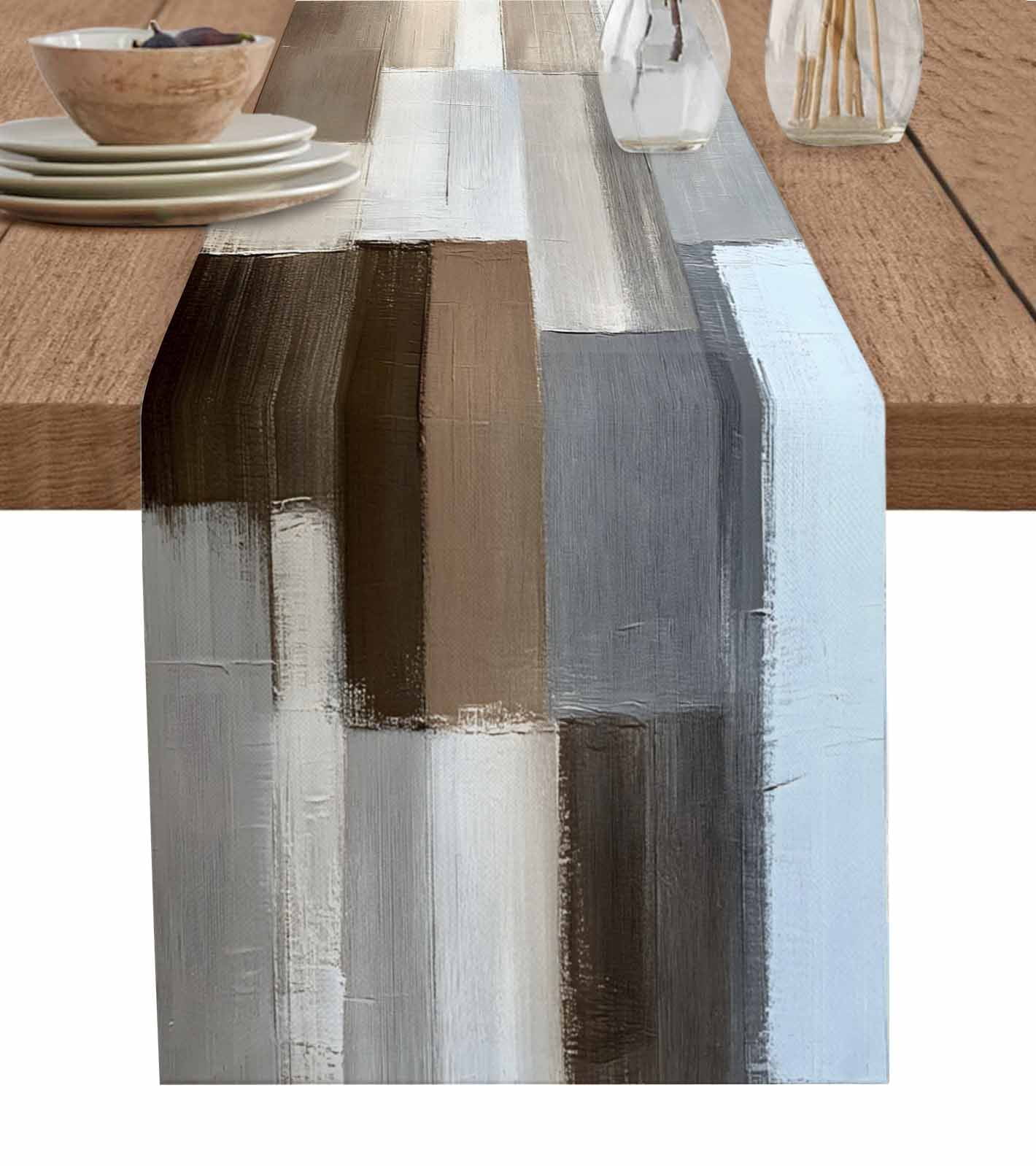 ERUNPONLY Grey Brown Color Blocks Table Runner - 108 Inch Long Abstract ...