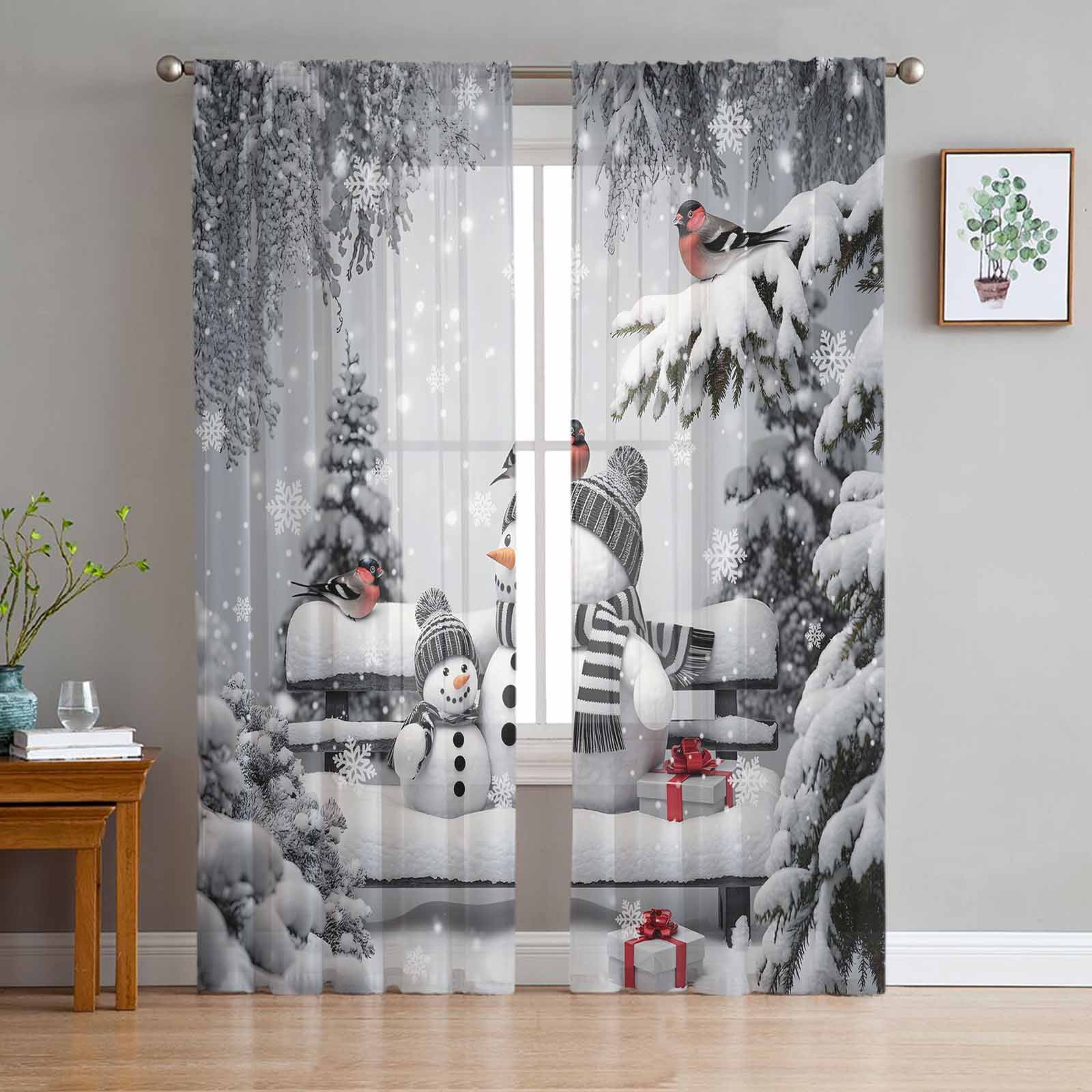ERUNPONLY Grey Christmas Sheer Curtains 84 Inch Length 2 Panels Set ...