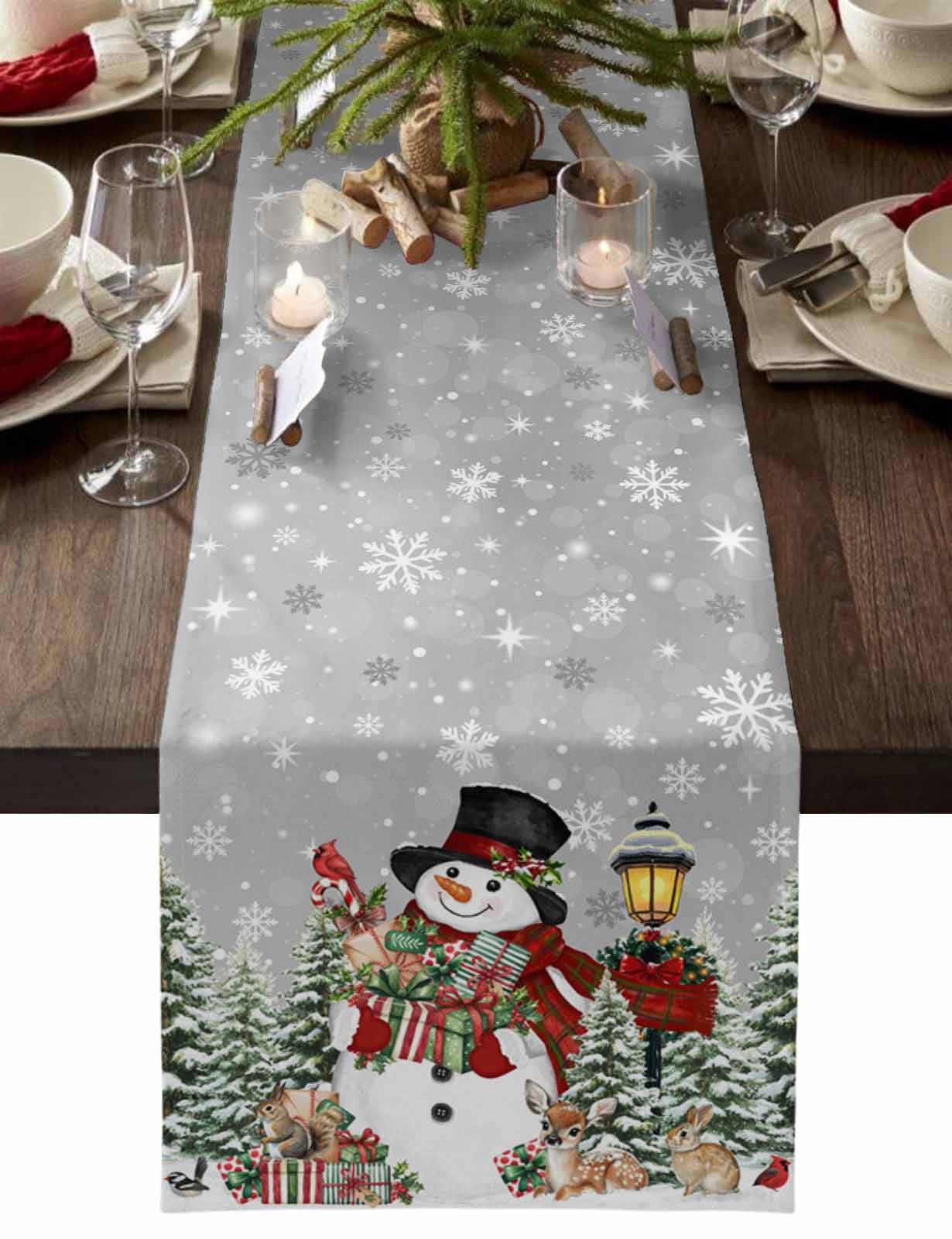 ERUNPONLY Grey Christmas Table Runner - 108 Inch Long Snowman Xmas ...