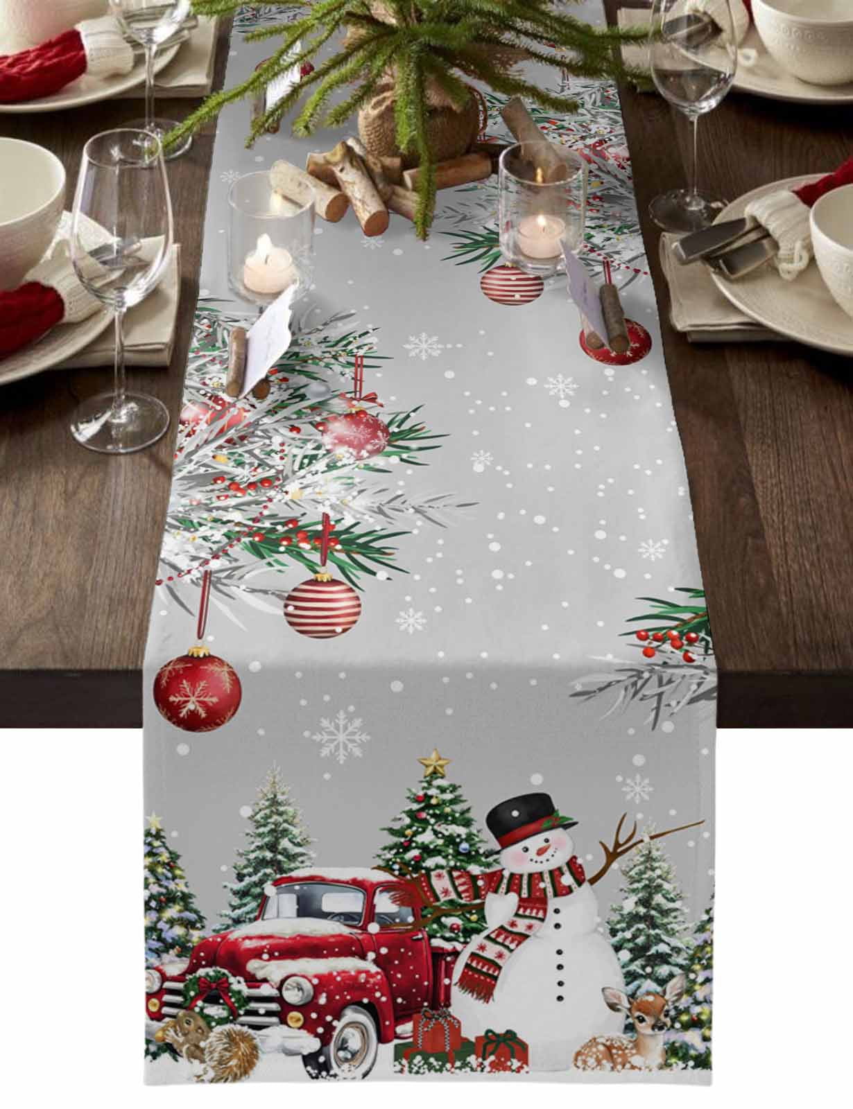 ERUNPONLY Grey Christmas Table Runner - 90 Inch Long Snowman Xmas Truck ...