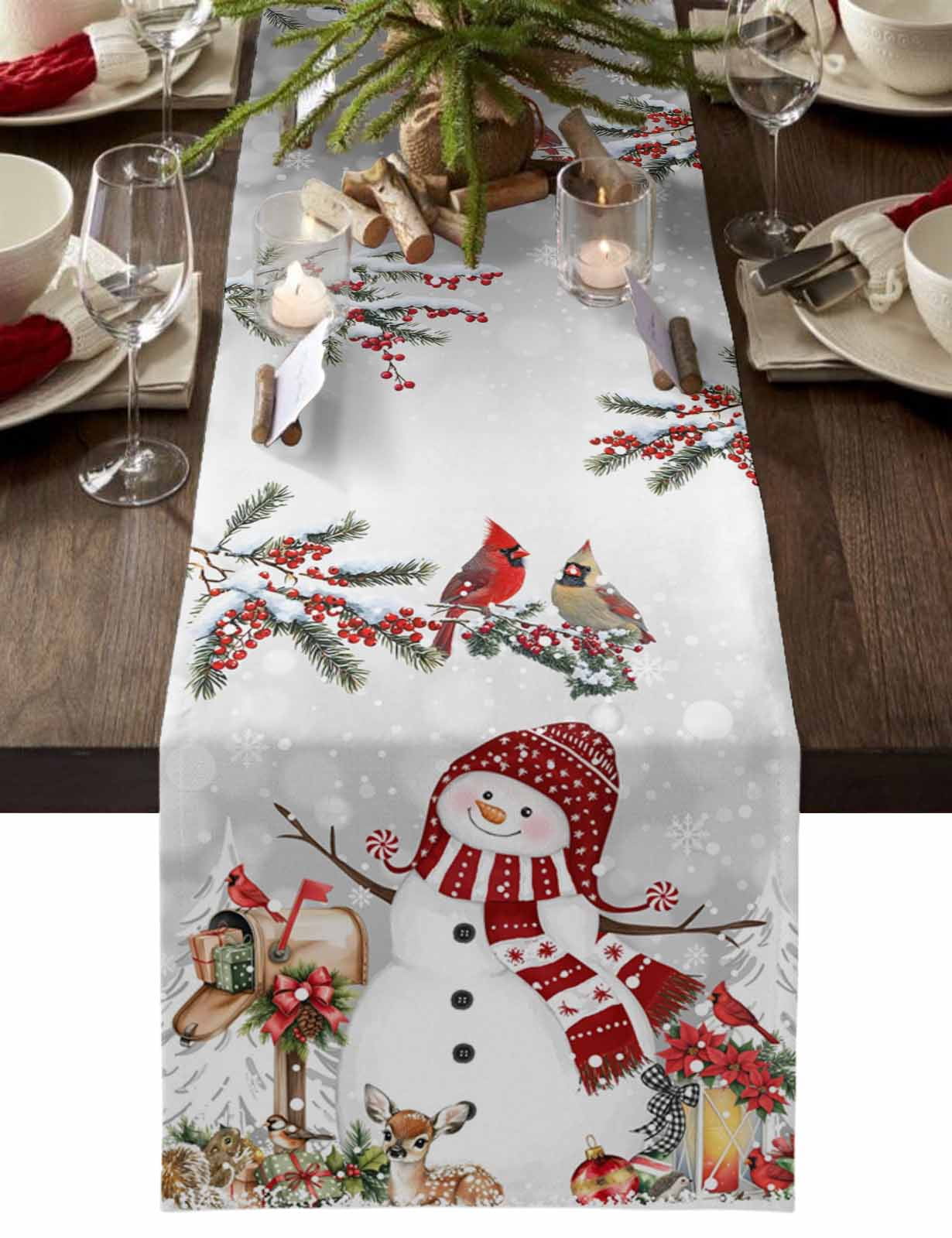 ERUNPONLY Grey Christmas Table Runner - 90 Inch Long Xmas Snowman Tree ...