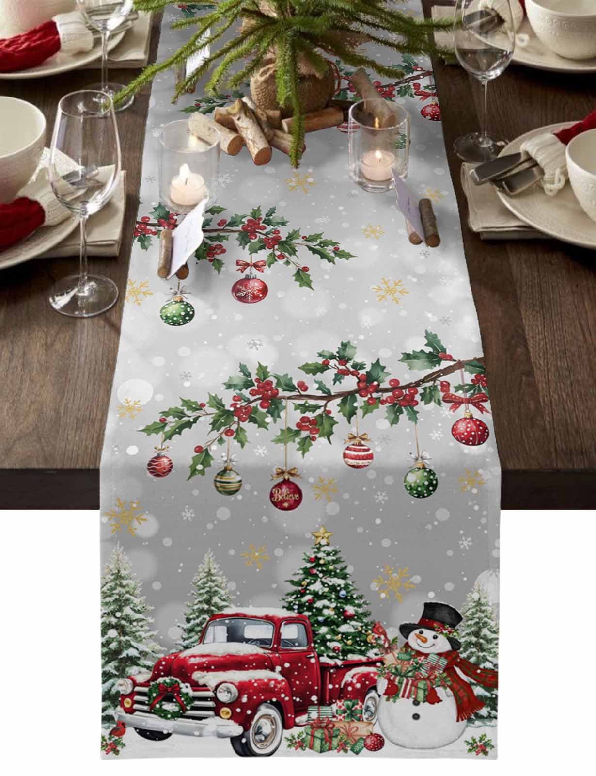 ERUNPONLY Grey Christmas Table Runner - 90 Inch Long Xmas Snowman Truck ...
