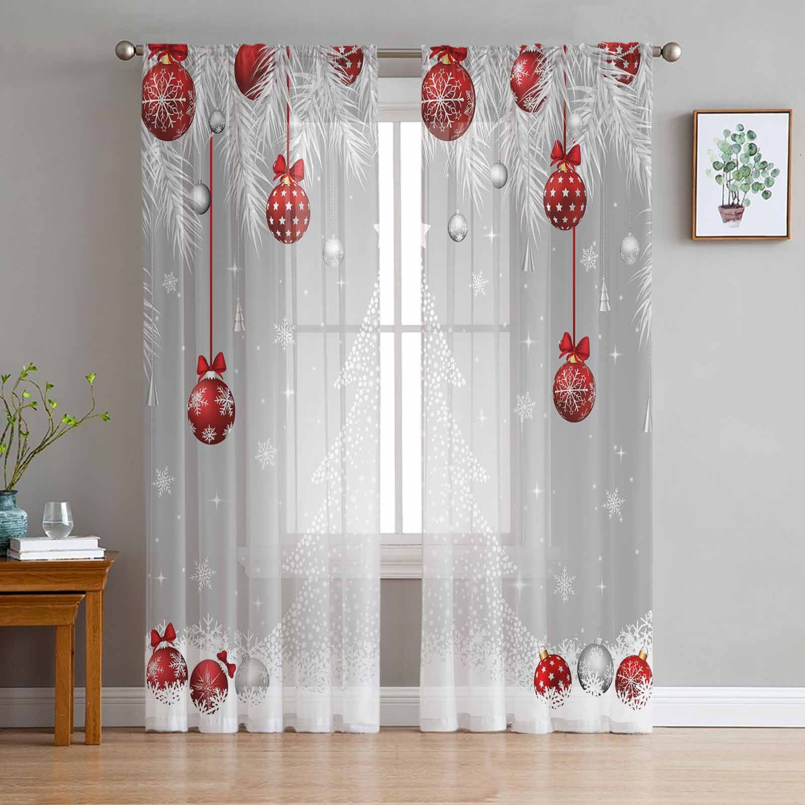 ERUNPONLY Grey Christmas Tree Sheer Curtains 96 Inch Length 2 Panels ...