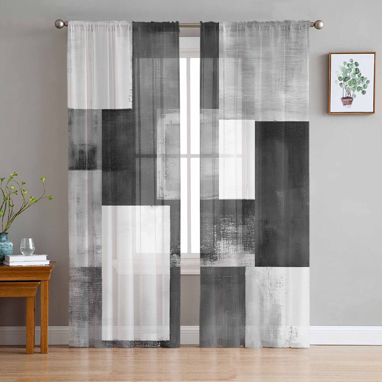 ERUNPONLY Grey Geometric Sheer Curtains 63 Inch Length 2 Panels Set ...
