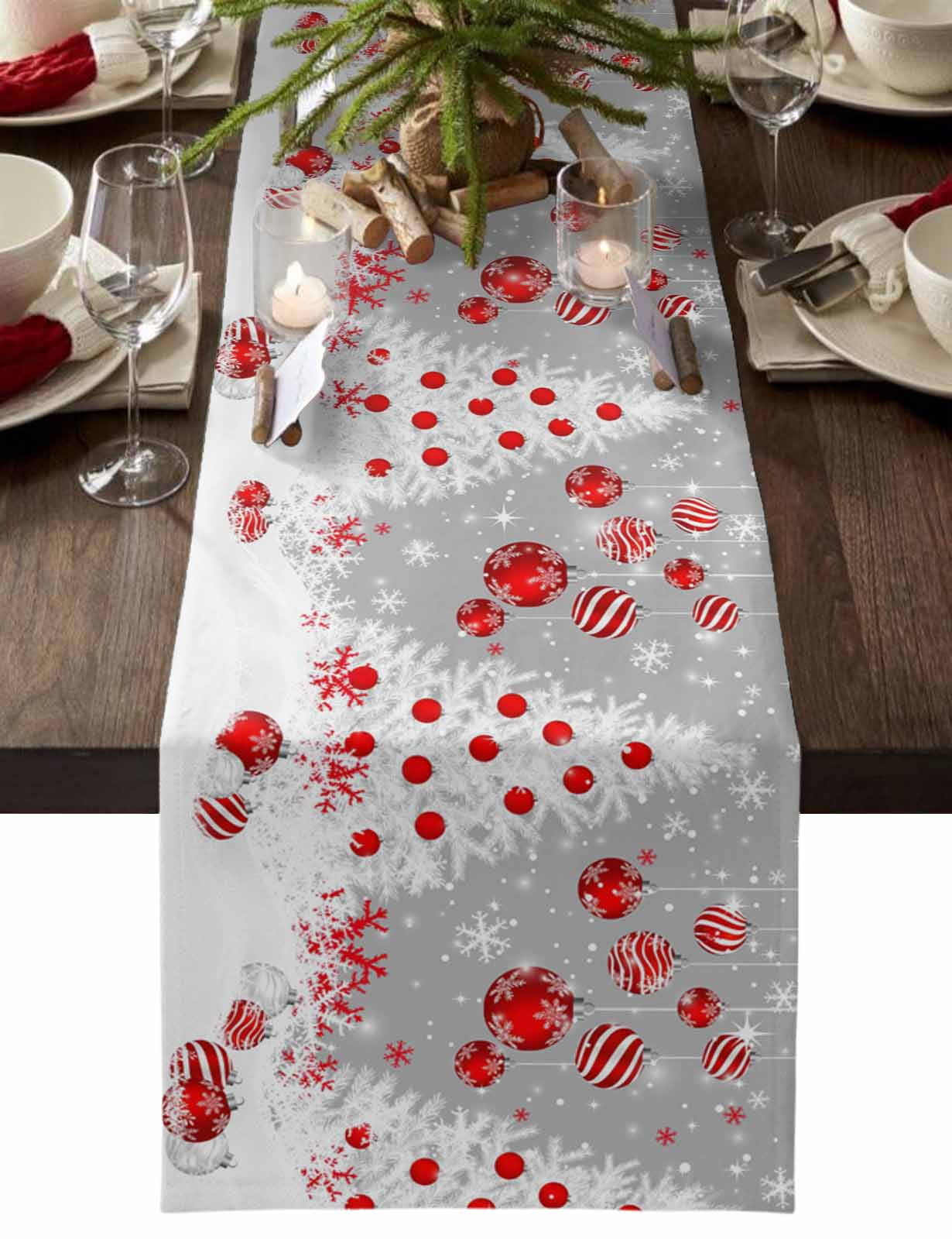 ERUNPONLY Grey Red Christmas Balls Table Runner - 108 Inch Long Xmas ...
