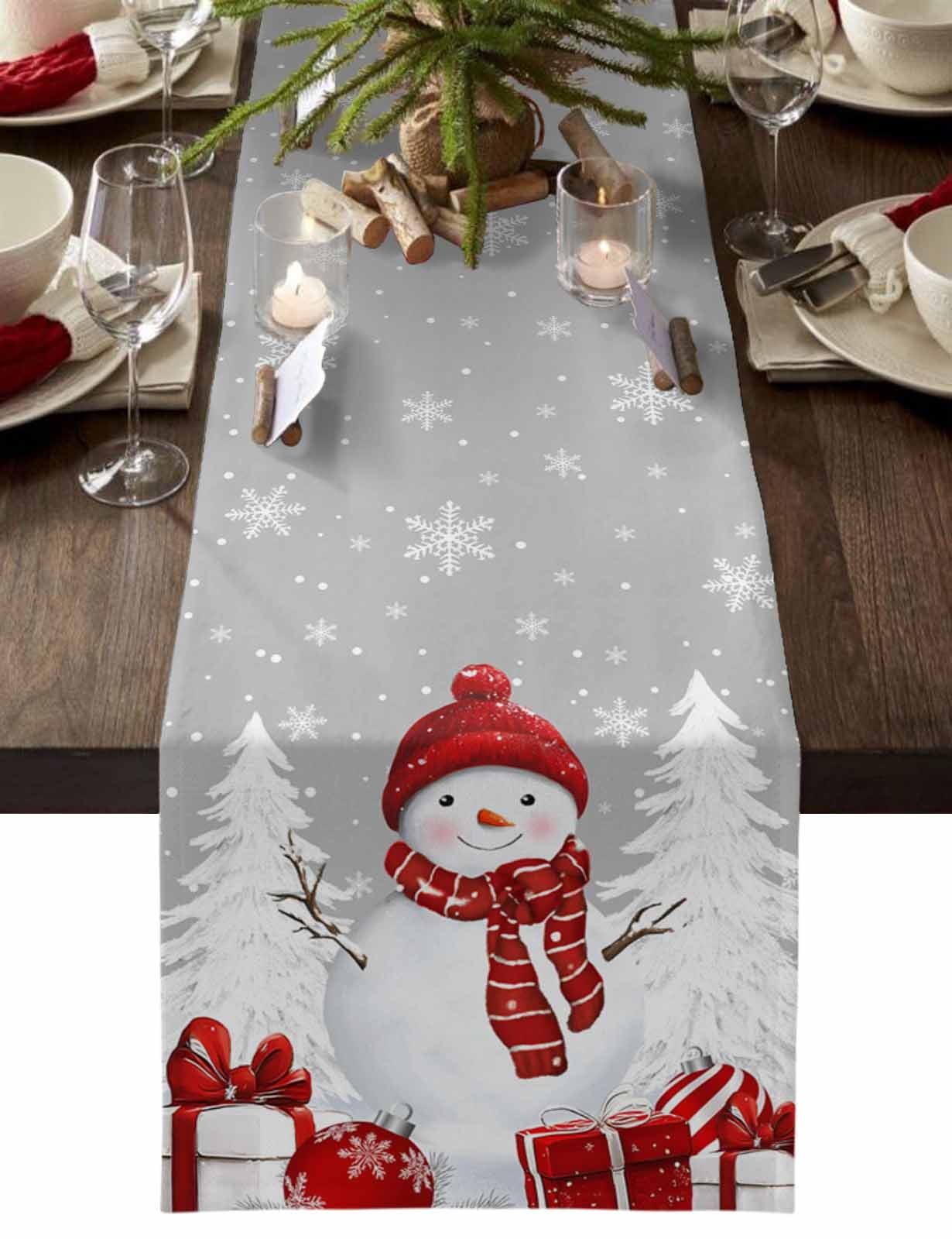 ERUNPONLY Grey Red Christmas Table Runner - 48 Inch Long Snowman Xmas ...