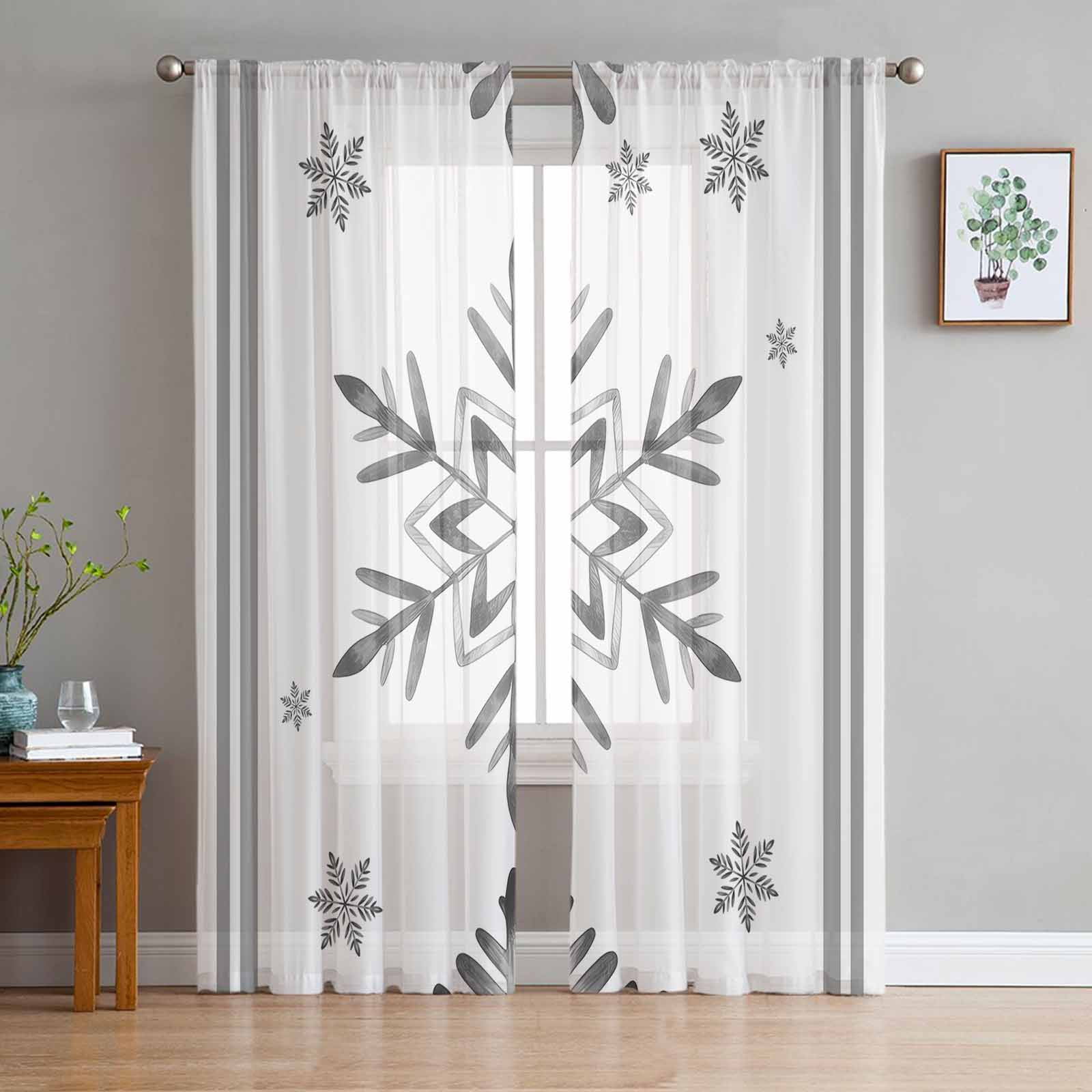 ERUNPONLY Grey Snowflake Christmas Sheer Curtains 63 Inch Length 2 ...