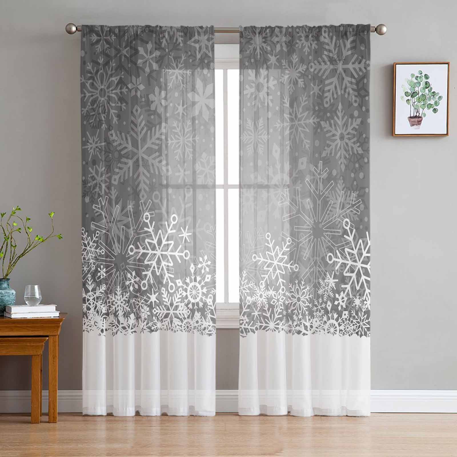 ERUNPONLY Grey Snowflakes Christmas Sheer Curtains 63 Inch Length 2 ...