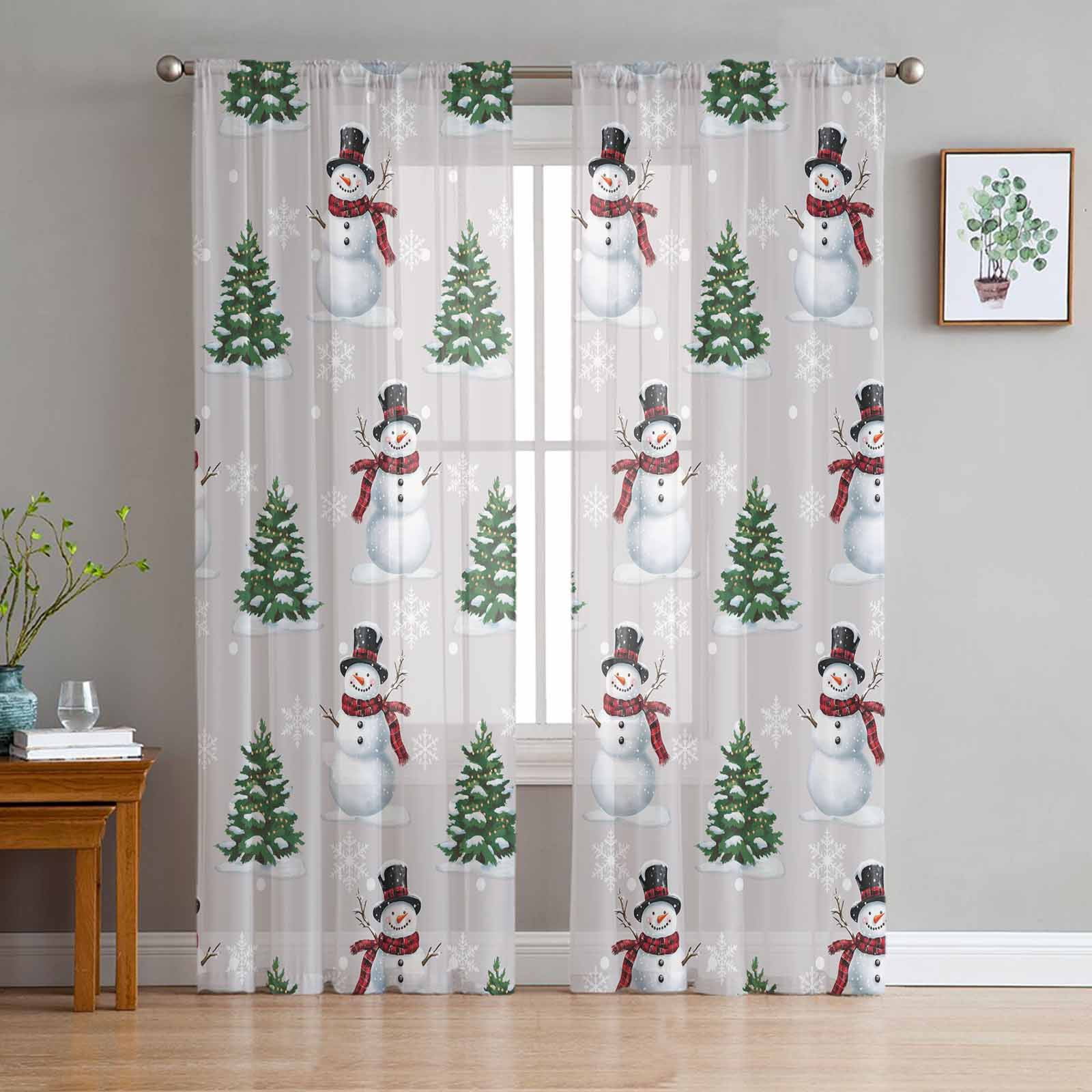 ERUNPONLY Grey Snowman Christmas Sheer Curtains 63 Inch Length 2 Panels ...