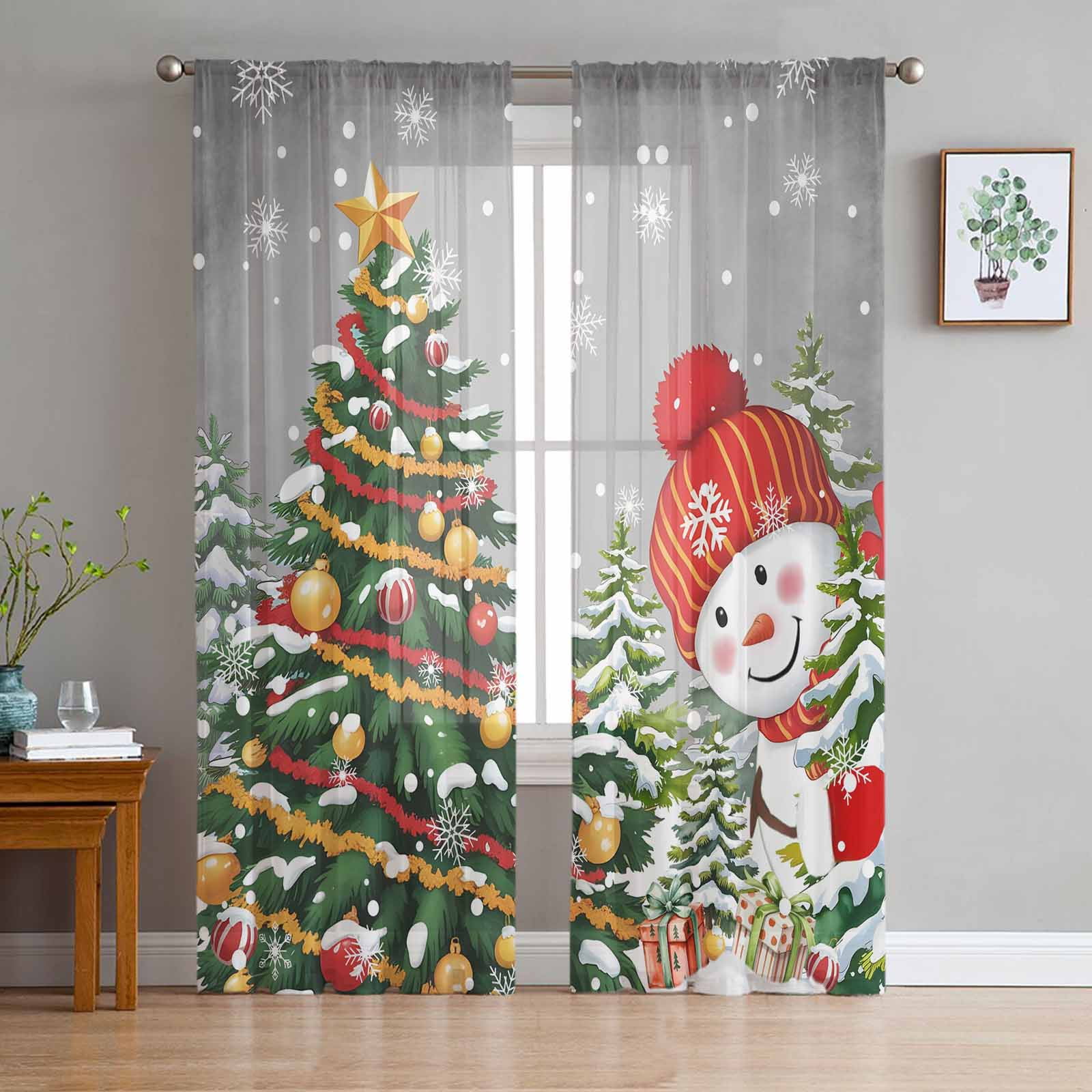 ERUNPONLY Grey Snowman Christmas Sheer Curtains 63 Inch Length 2 Panels ...