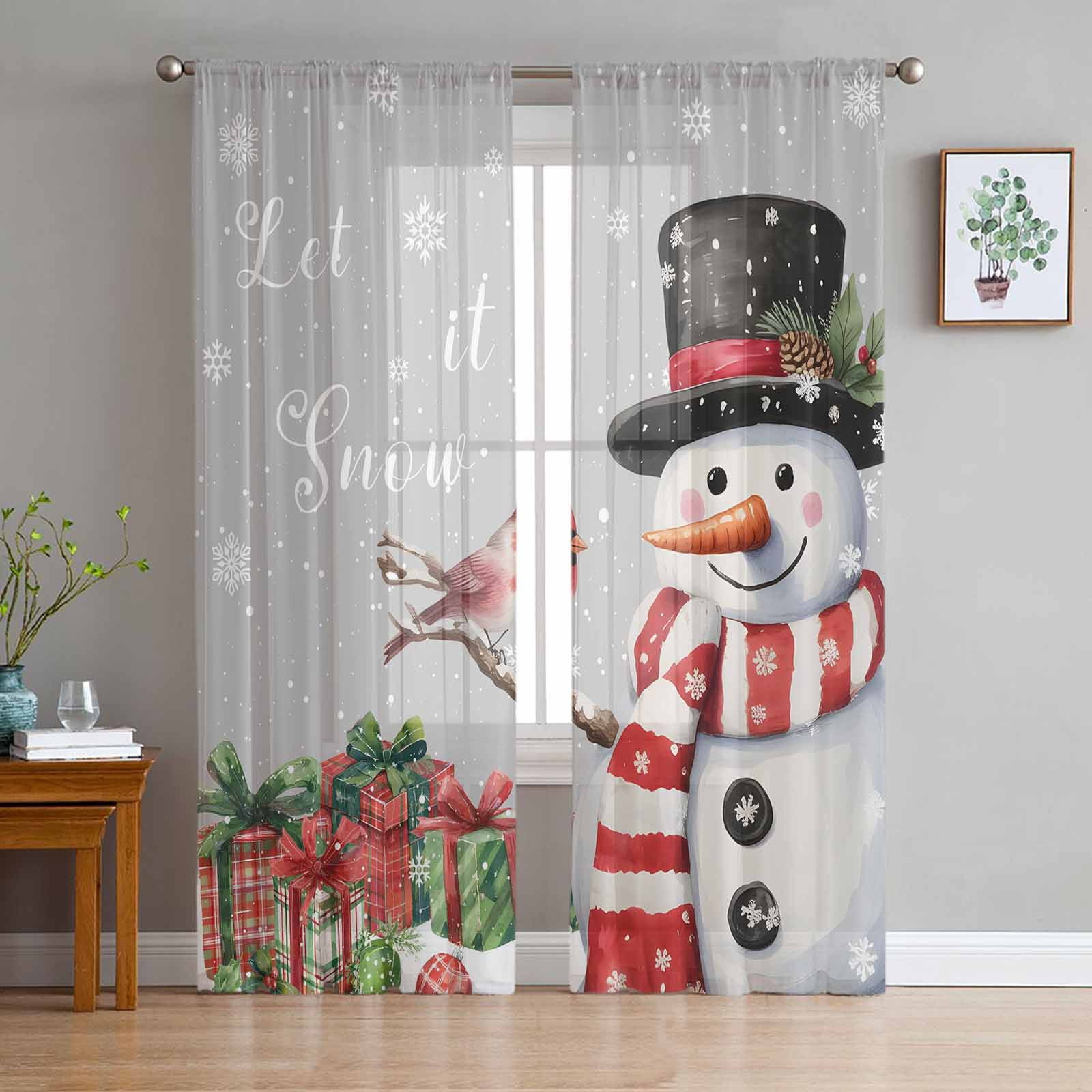 ERUNPONLY Grey Snowman Christmas Sheer Curtains 63 Inch Length 2 Panels ...