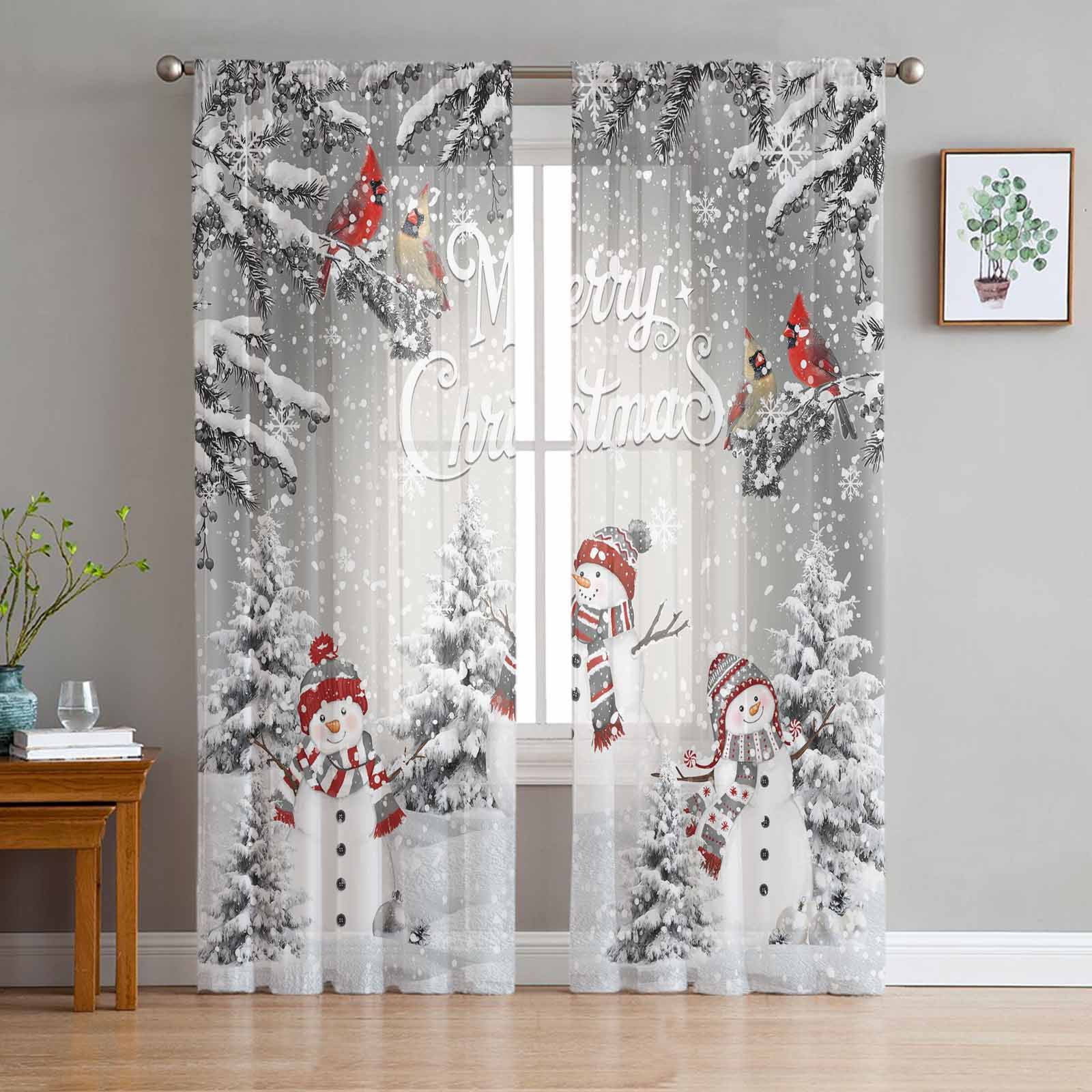 ERUNPONLY Grey Snowman Christmas Sheer Curtains 63 Inch Length 2 Panels ...