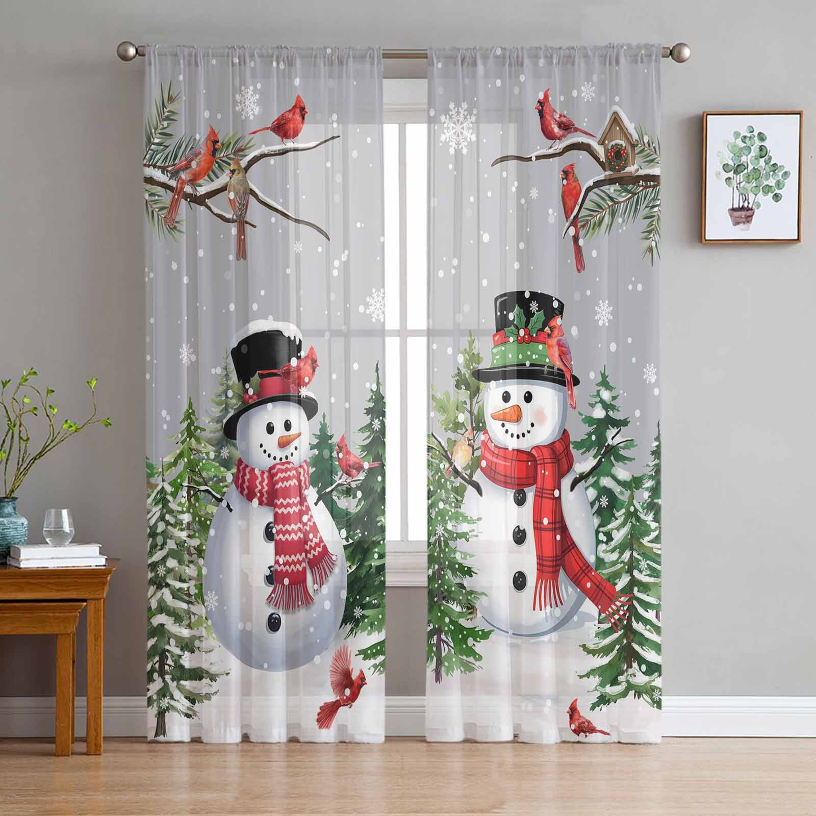 ERUNPONLY Grey Snowman Christmas Sheer Curtains 63 Inch Length 2 Panels ...