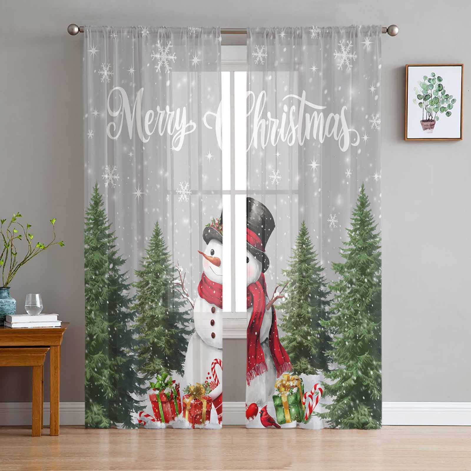 ERUNPONLY Grey Snowman Christmas Sheer Curtains 63 Inch Length 2 Panels ...