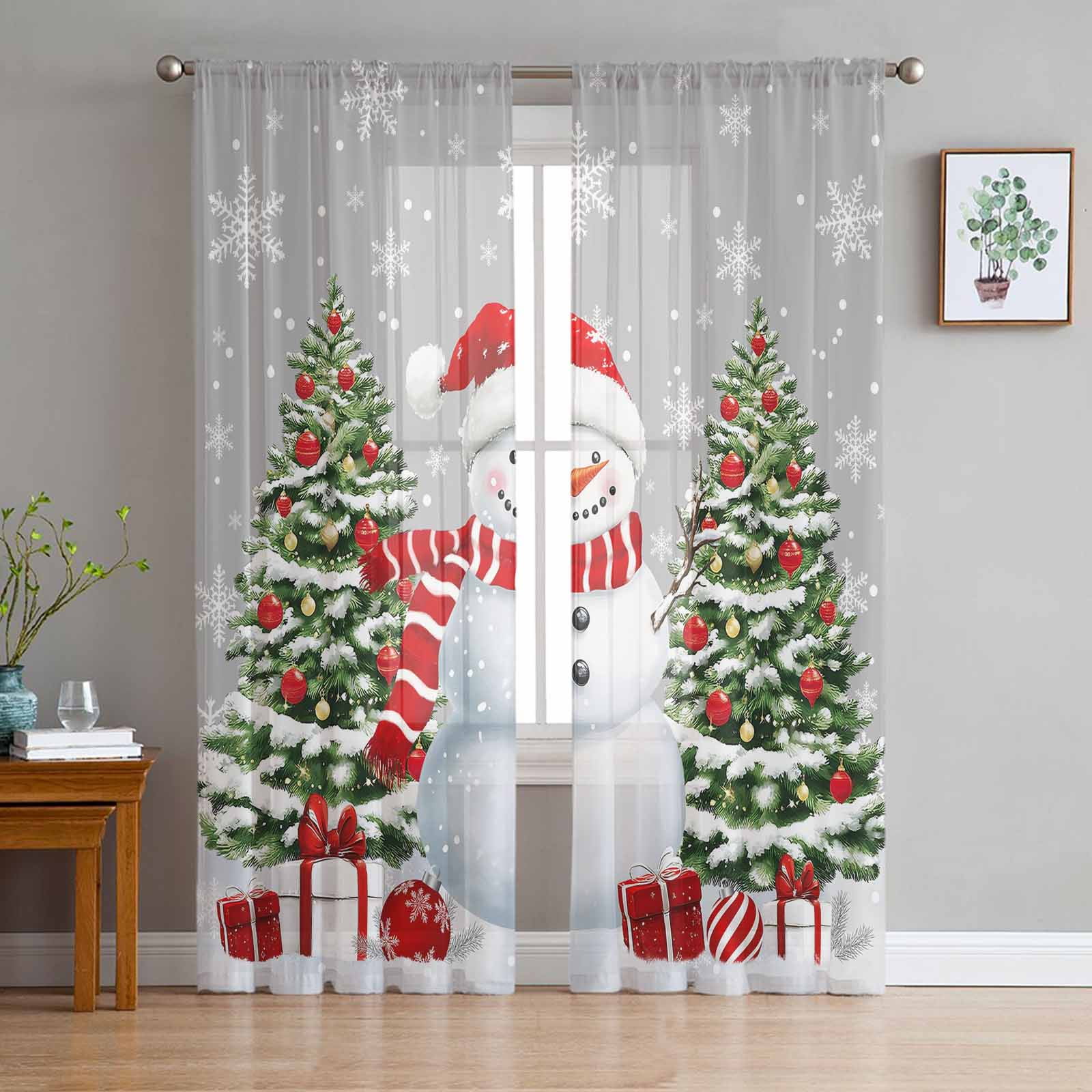 ERUNPONLY Grey Snowman Christmas Sheer Curtains 84 Inch Length 2 Panels ...