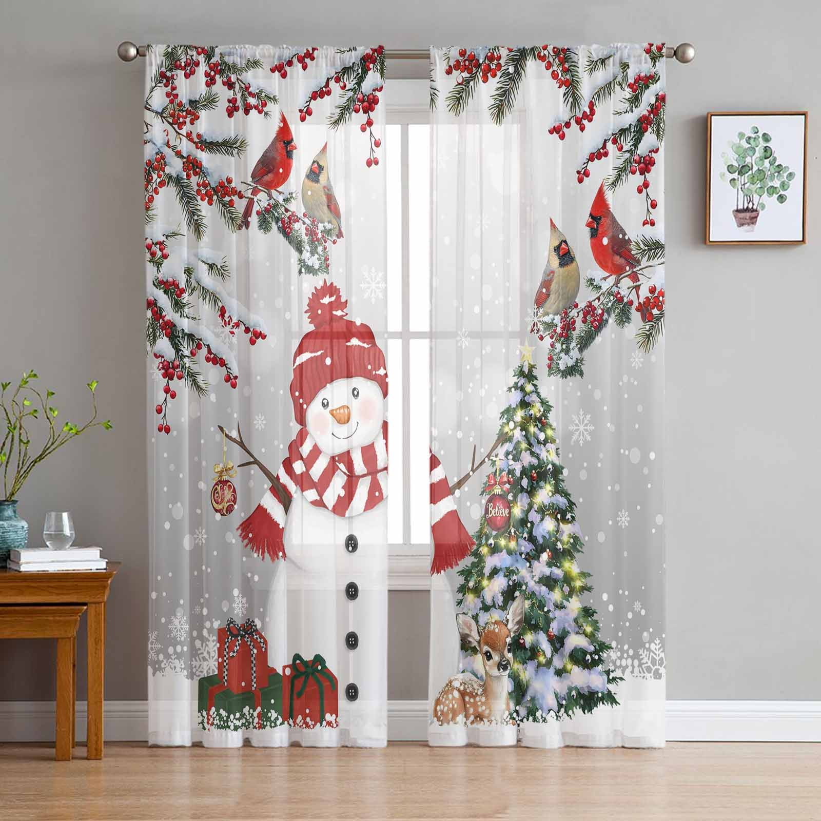 ERUNPONLY Grey Snowman Christmas Sheer Curtains 84 Inch Length 2 Panels ...