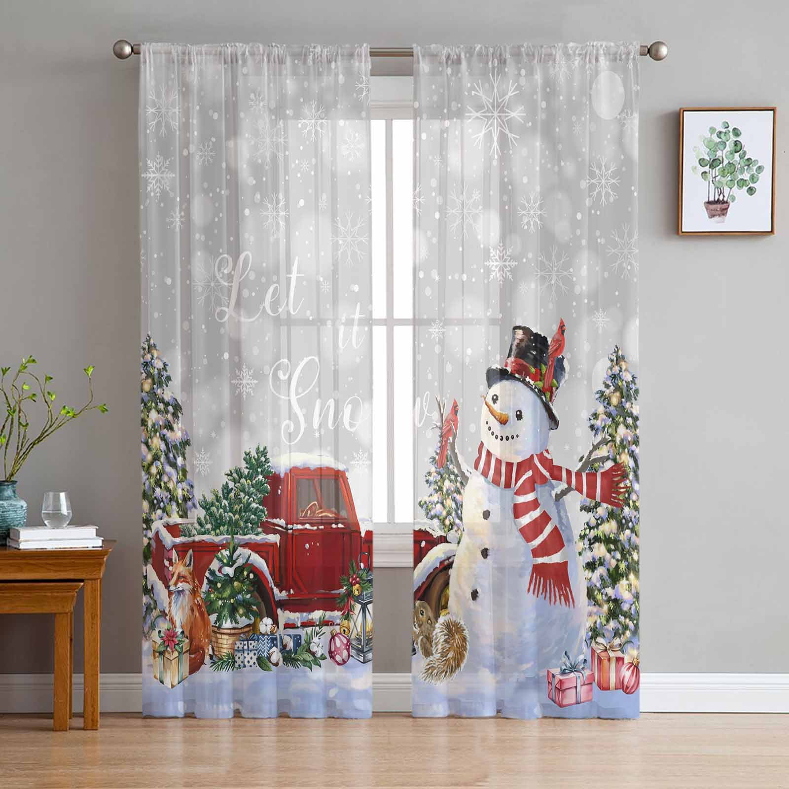ERUNPONLY Grey Snowman Christmas Sheer Curtains 96 Inch Length 2 Panels ...
